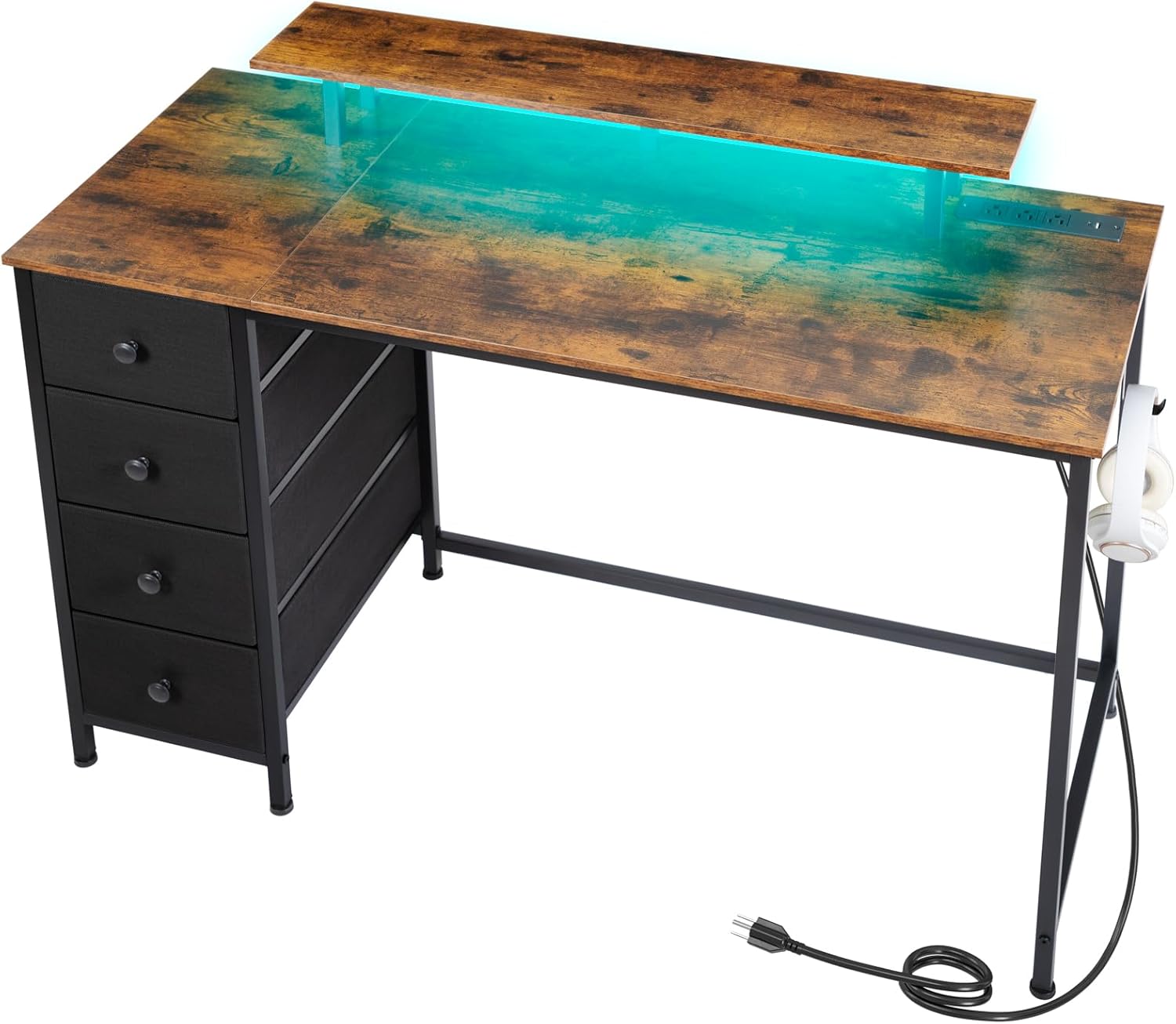 55 Inch Desk with Drawers, Gaming Desk with LED Light & Power Outlets ...