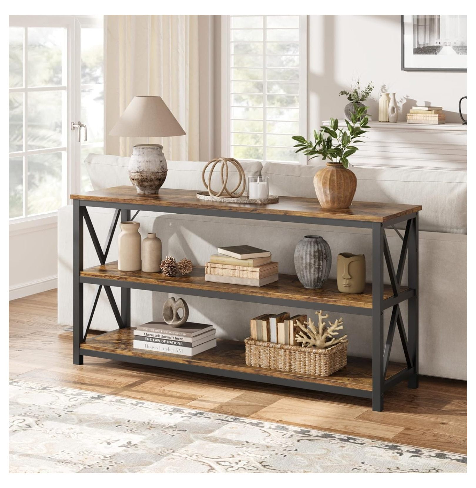 55 Inch Entryway Table, Narrow Long Console Table with Storage, 3 Tier ...