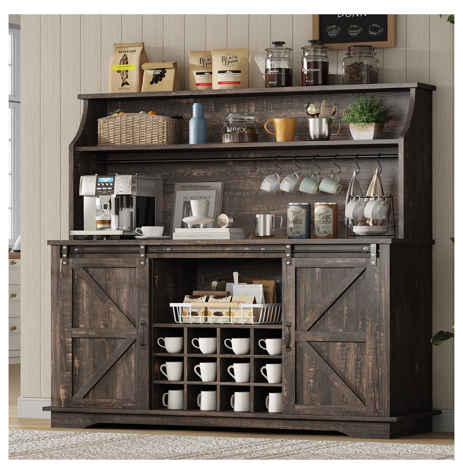 55 Inch Farmhouse Coffee Bar Cabinet with 3-Tier Storage, Kitchen Hutch ...