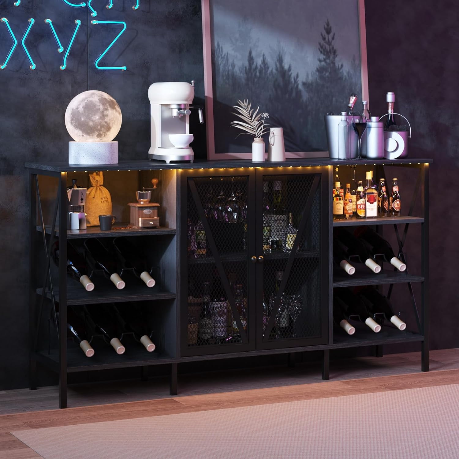 55 Inch Farmhouse Wine Bar Cabinet with Led Light, with Wine Rack and ...