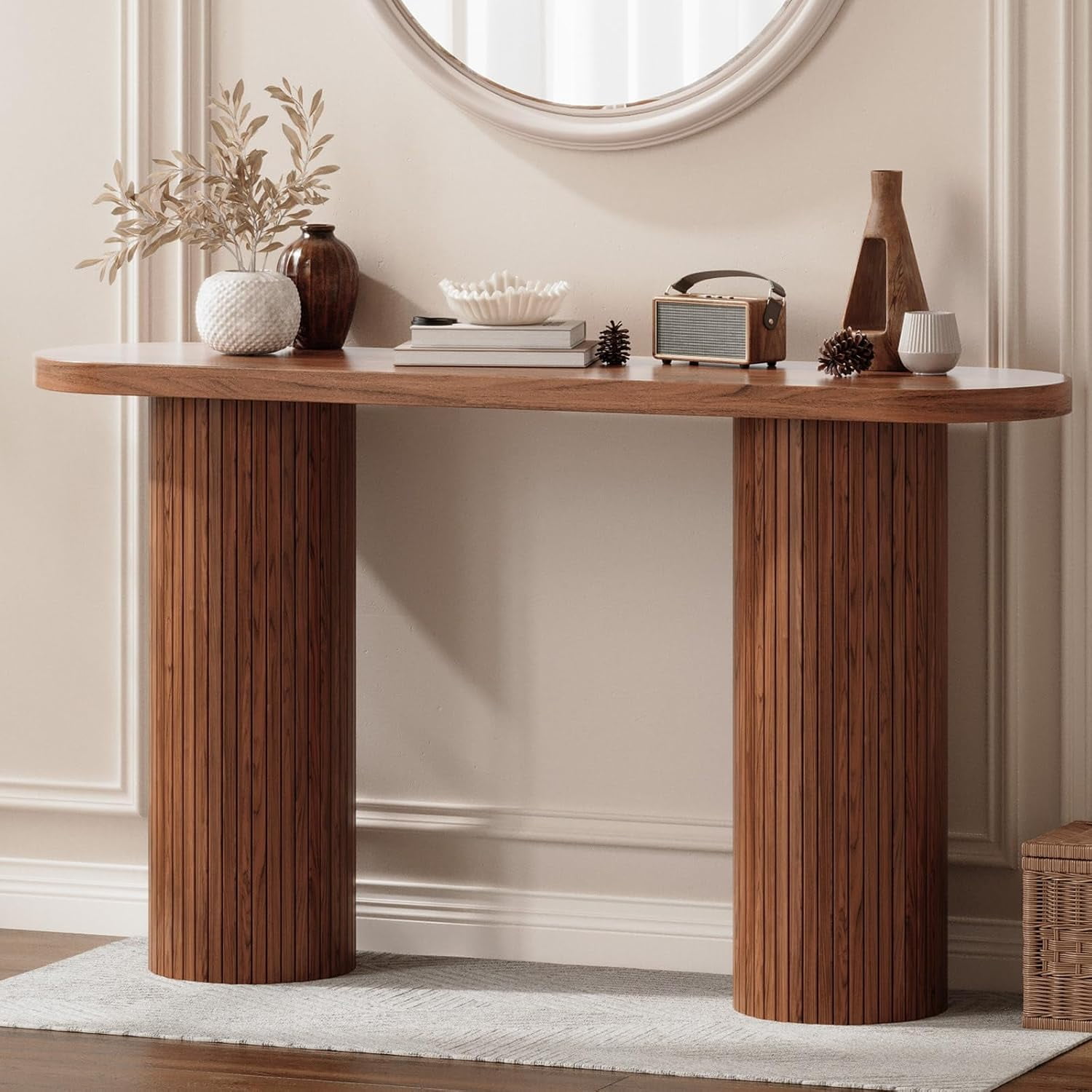 55 Inch Fluted Entryway Table, Wood Console Table, Couch Tables Behind ...
