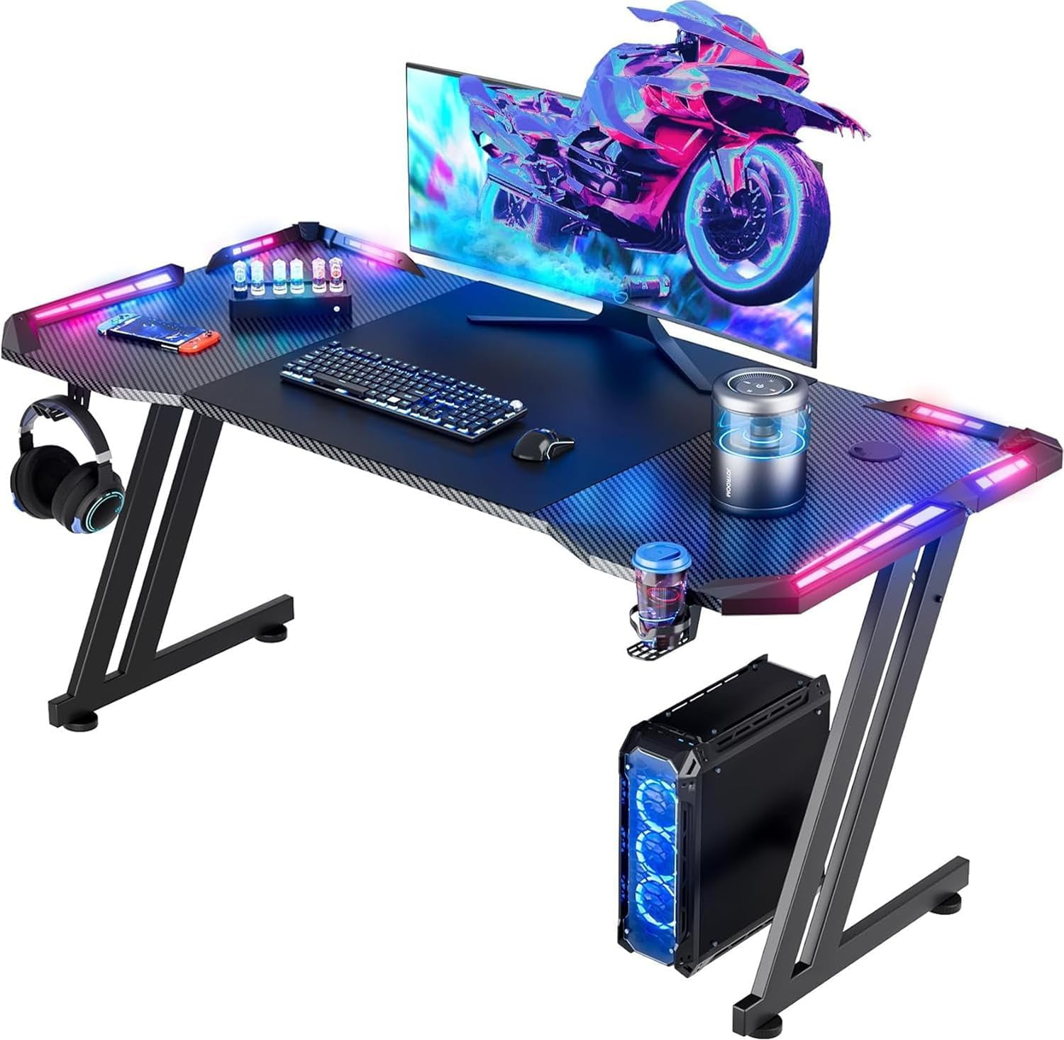 55 Inch Gaming Desk with LED Lights Carbon Fibre Surface Gaming Table ...