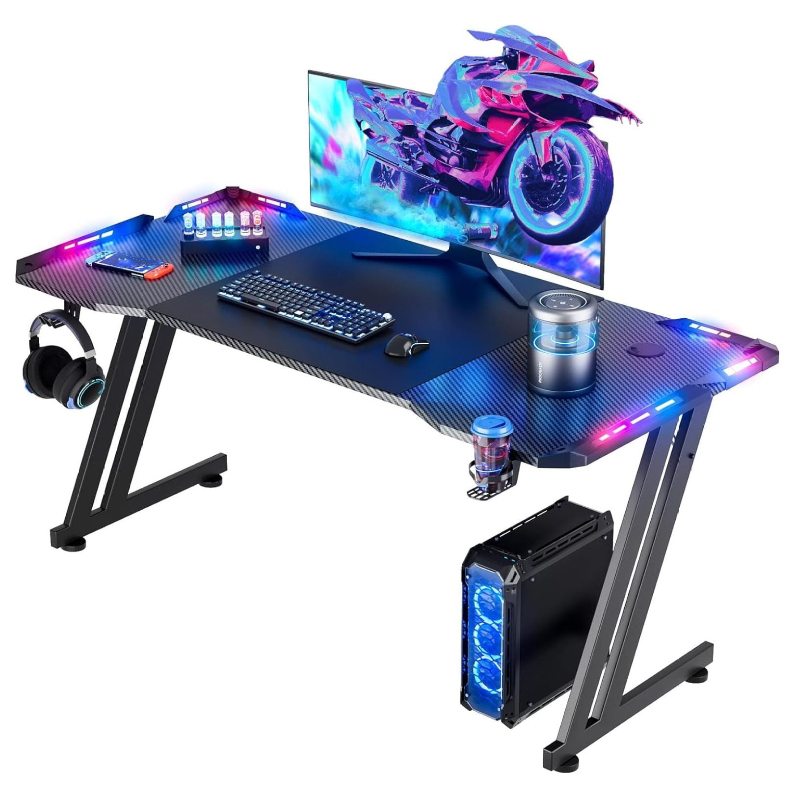 55 Inch Gaming Desk with LED Lights Carbon Fibre Surface Gaming Table ...