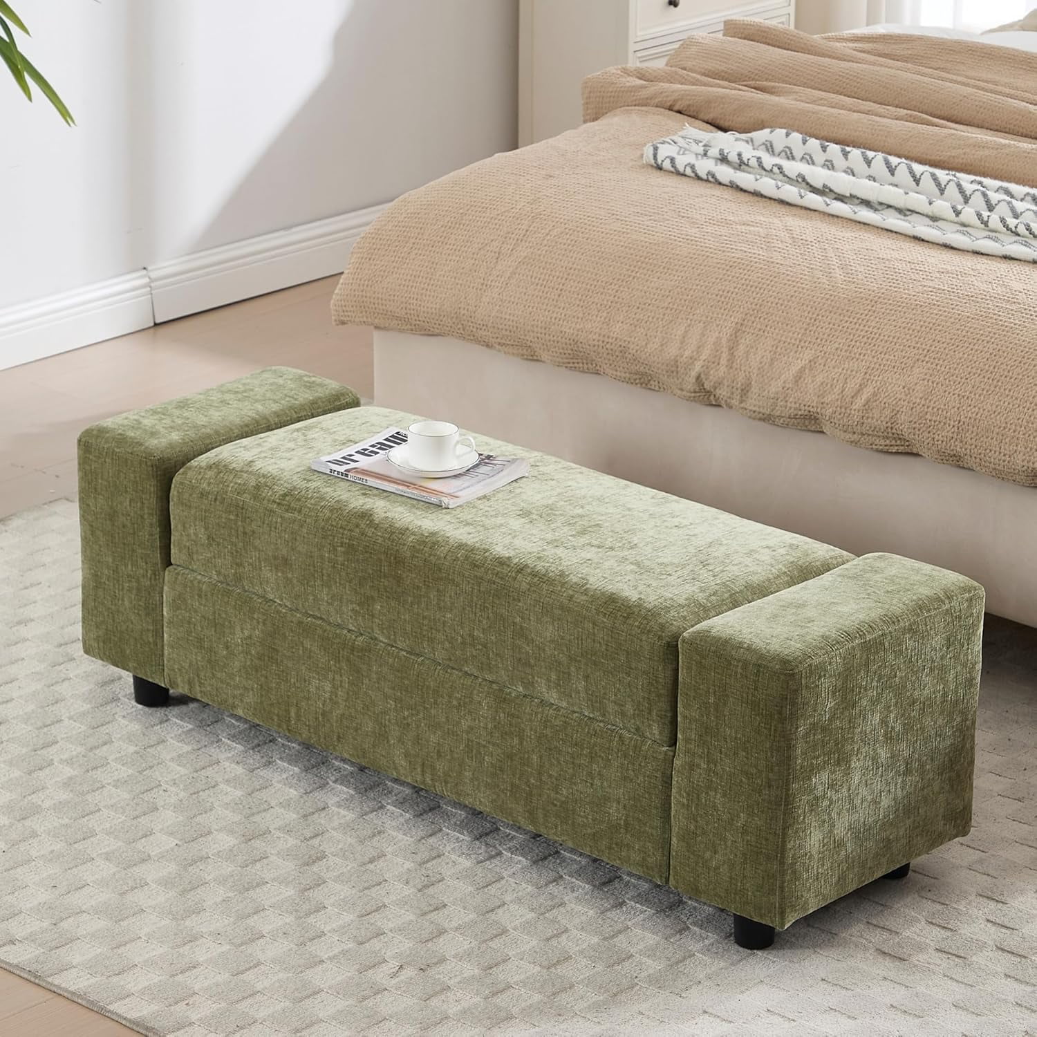 55 Inch Green Storage Ottoman Bench,Upholstered Comfy Chenille End of ...