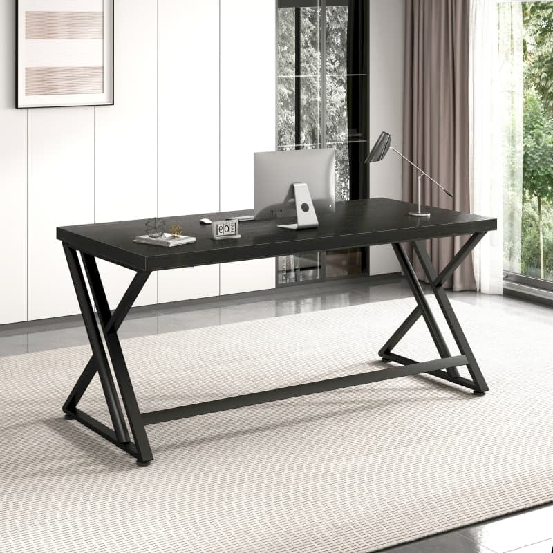 55 Inch Industrial Computer Desk, Rustic Wood and Metal Writing Desk ...