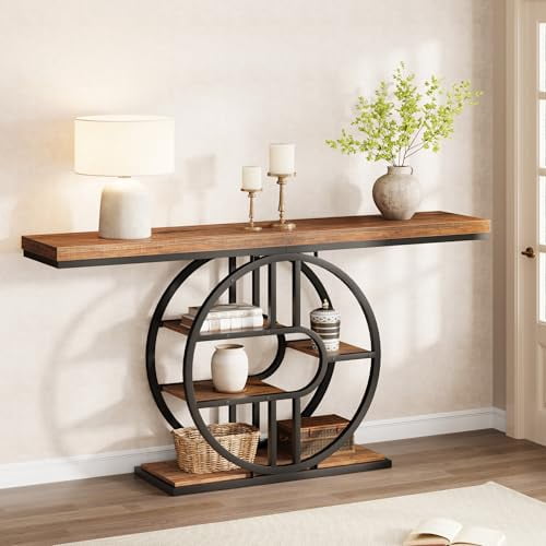 55 Inch Industrial Console Table, 4-Tier Entryway Table with Circle ...