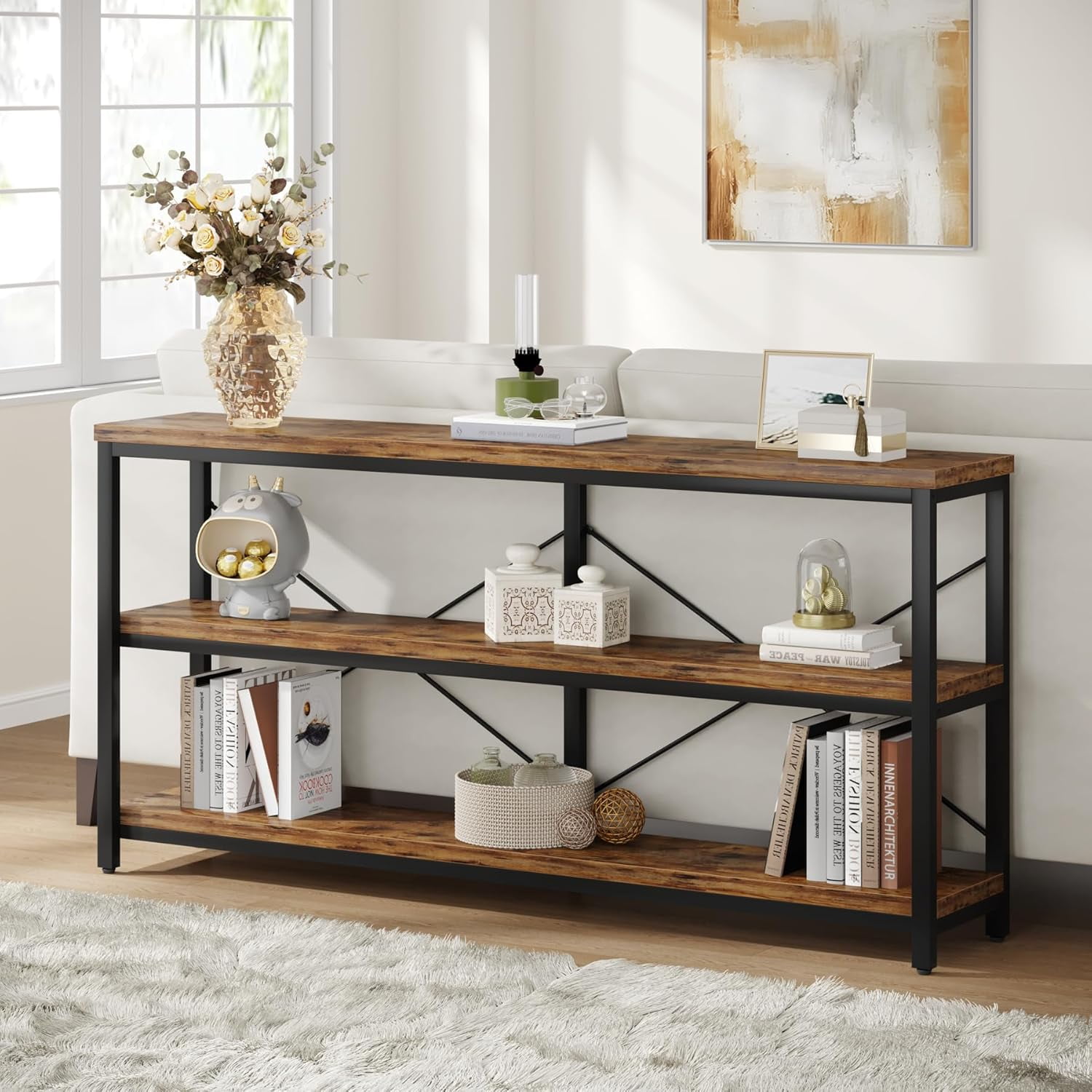 55-Inch Industrial Sofa Table, 3-Tier Console Table with Metal Frame ...
