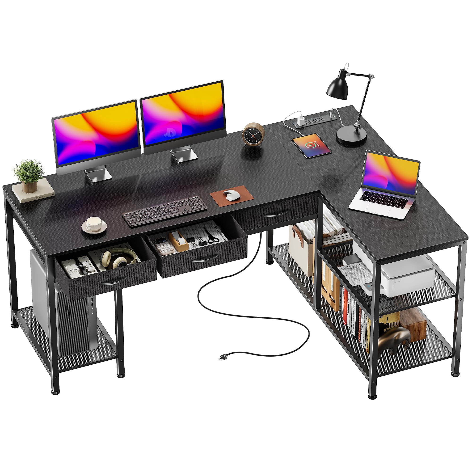 55 Inch L Shaped Office Desk With Power Outlets And Type-c Port Large ...