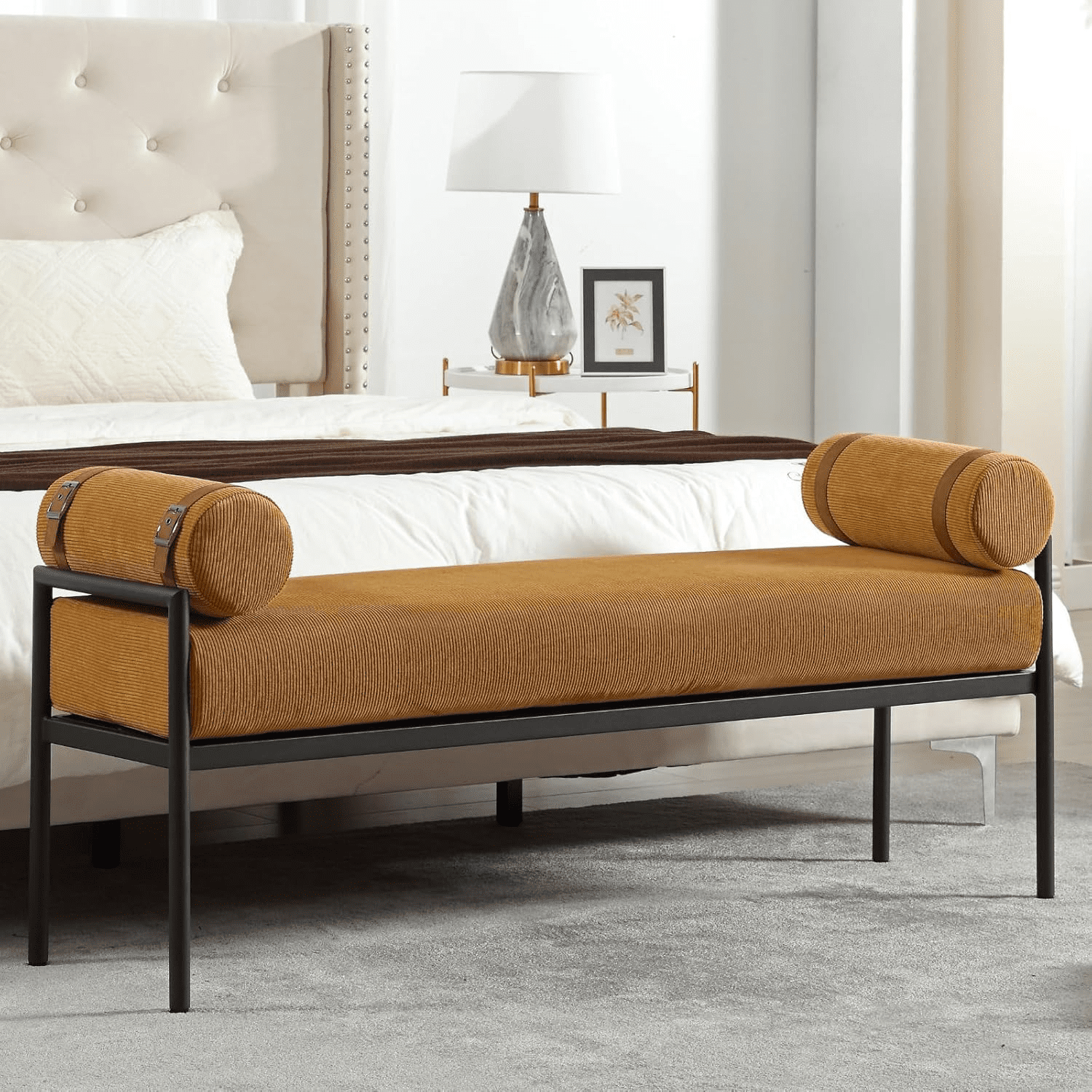 55 Inch Long Bed Bench Chenille Padded Ottoman Bench Upholstered ...