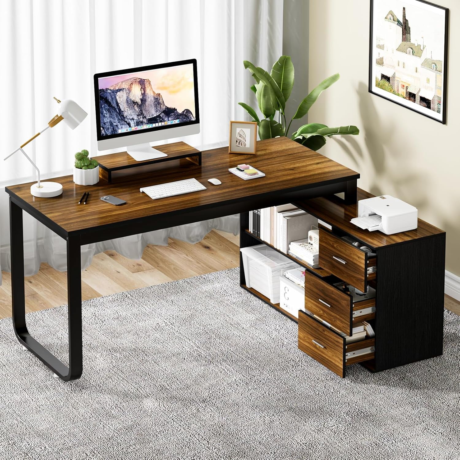 55 Inch Long Desk with Storage Shelves, L Shaped Computer Desk Corner ...