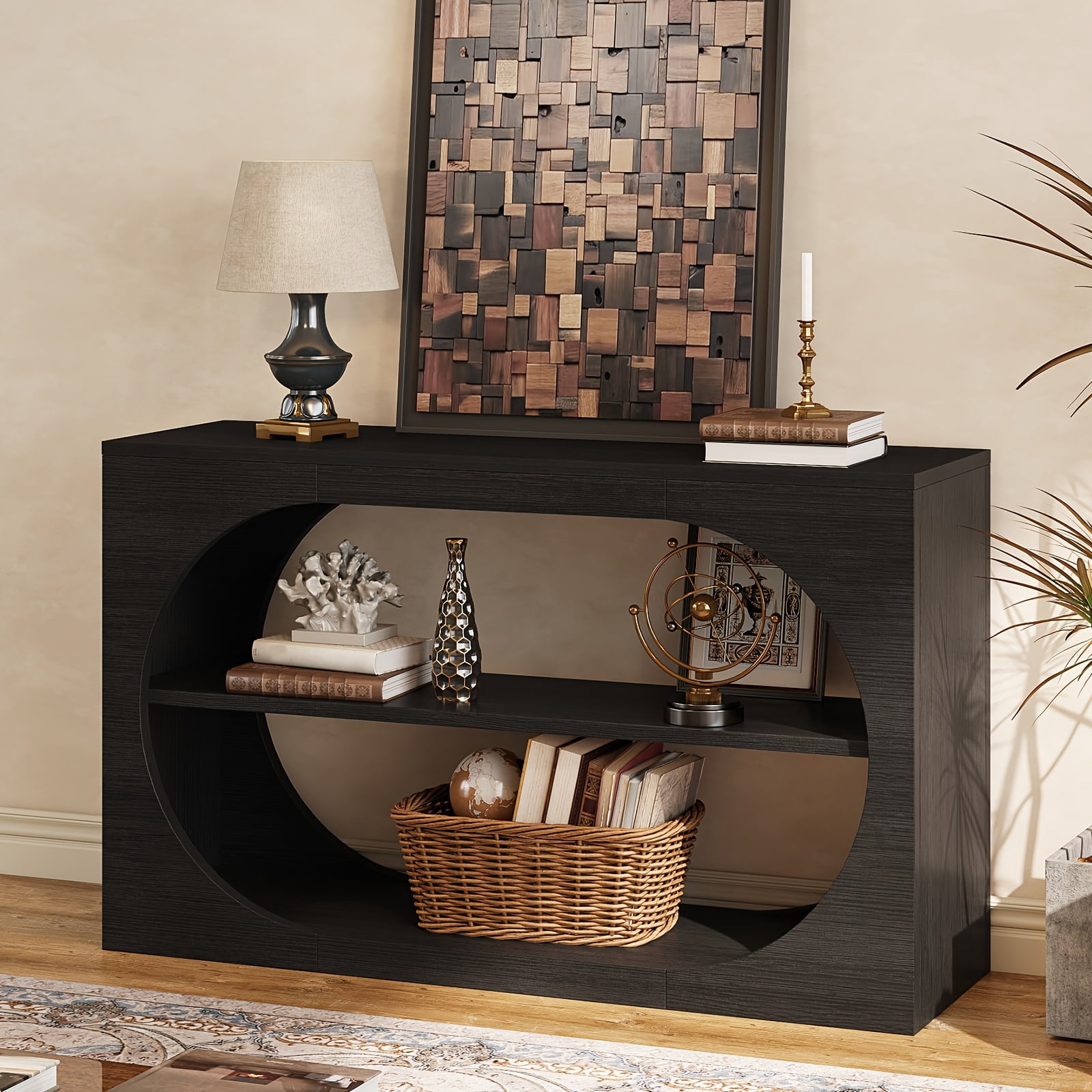 55-Inch Narrow Sofa Table with 2 Storage Racks, Hardwood Veneer ...