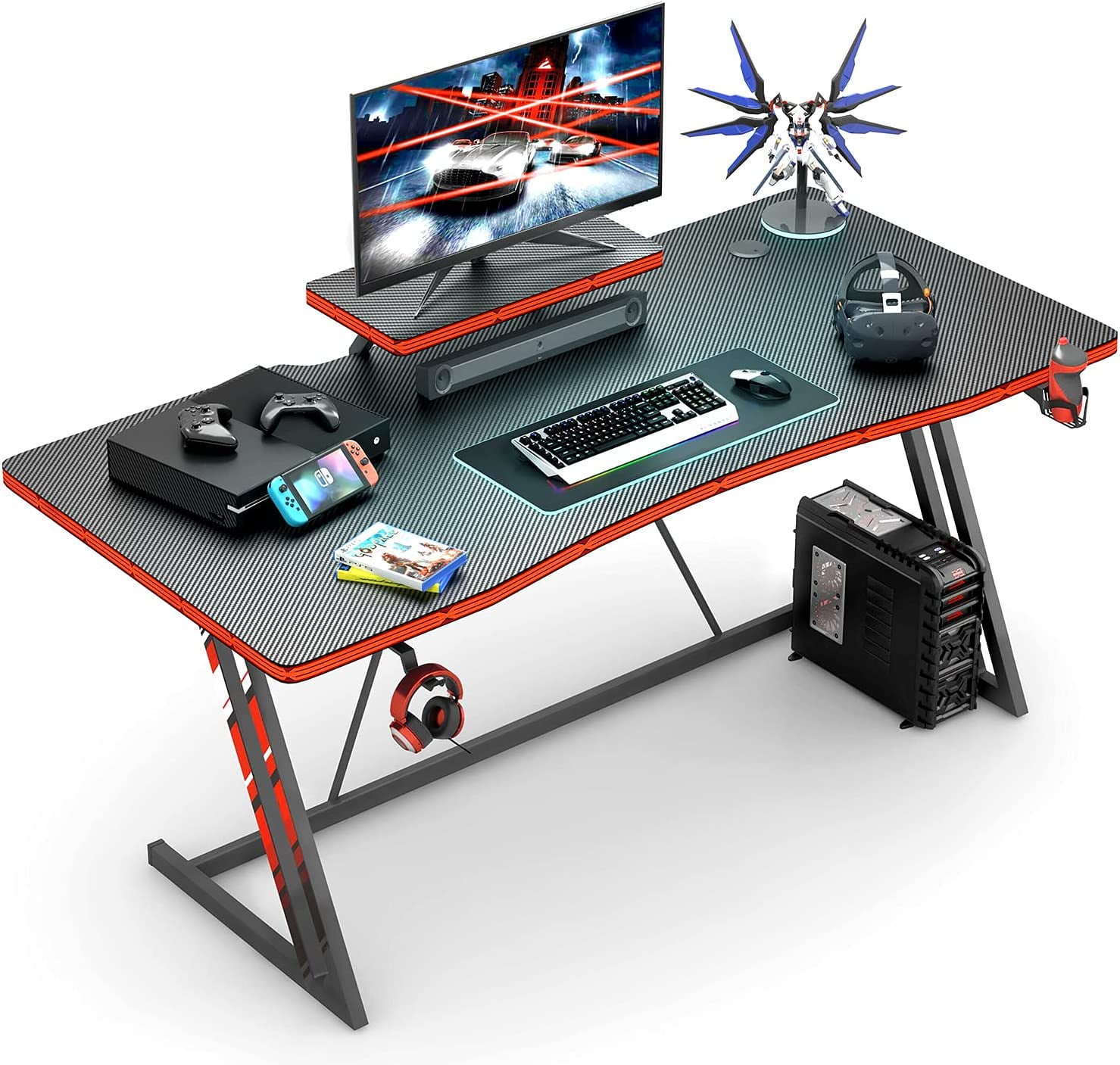 55 Inch Racing Style Gaming Desk, Z-Shaped Carbon Fiber Computer Table ...