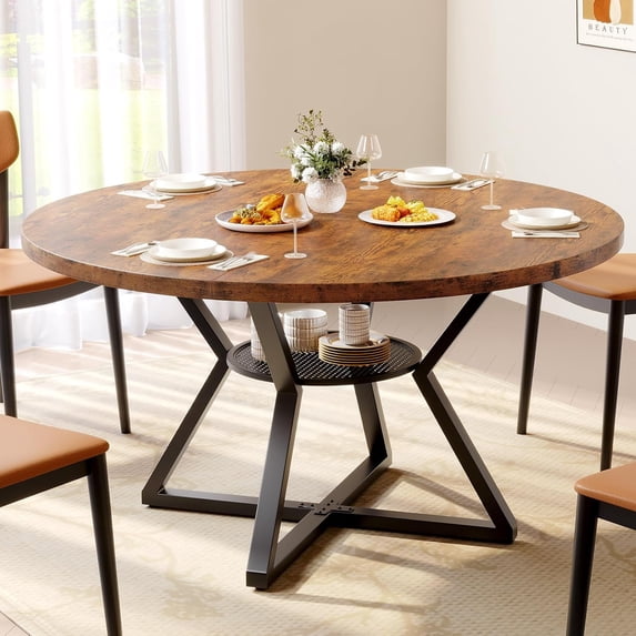 55 Inch Round Dining Table for 4-6, Rustic Brown | Kitchen Table with ...