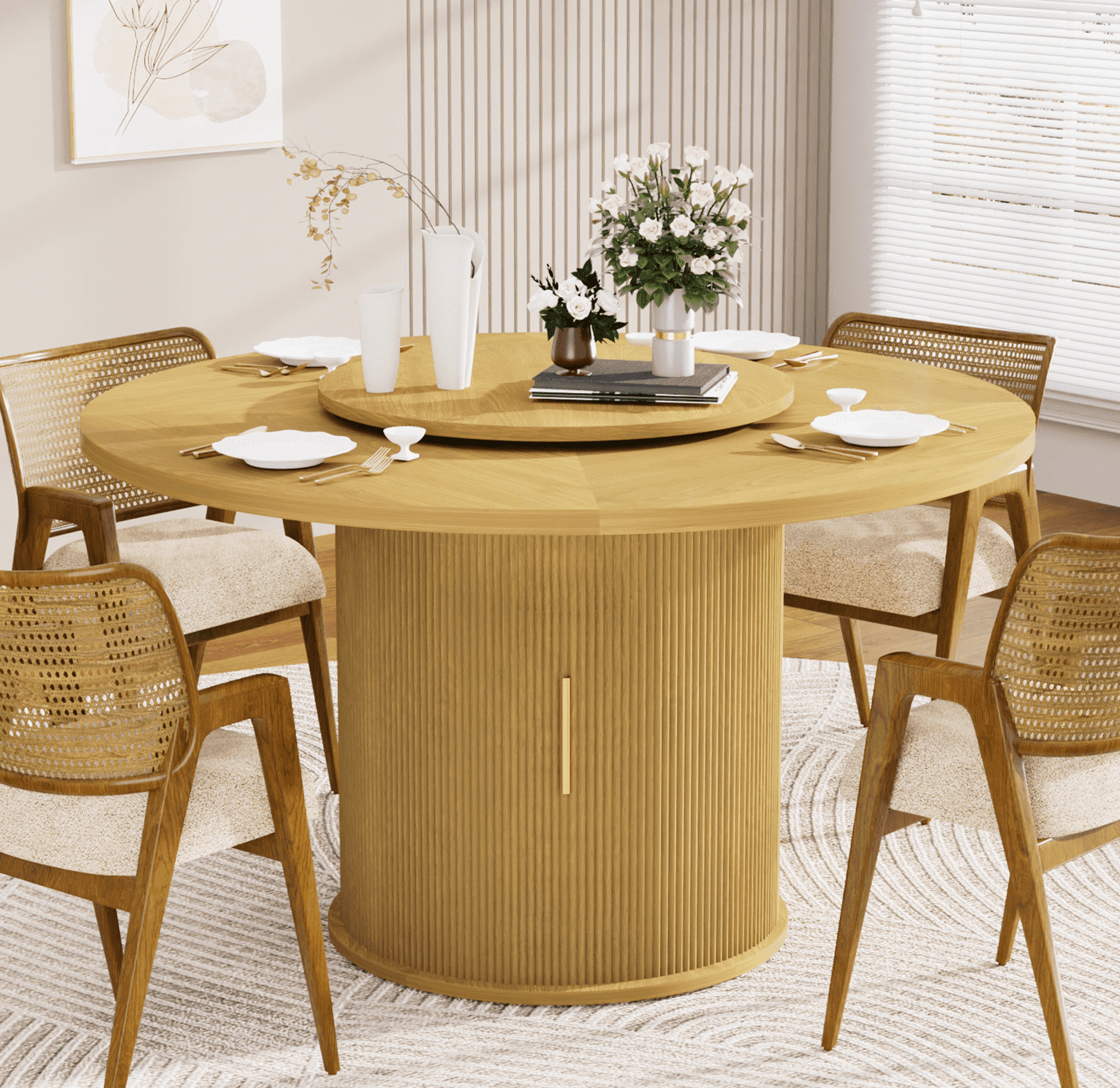 55 Inch Round Dining Table for 6 with Rotating Tray, Double Layer ...