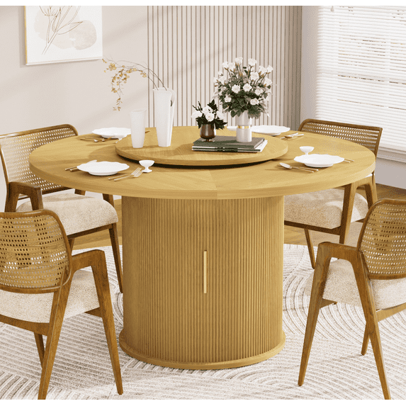 55 Inch Round Dining Table for 6 with Rotating Tray, Double Layer ...