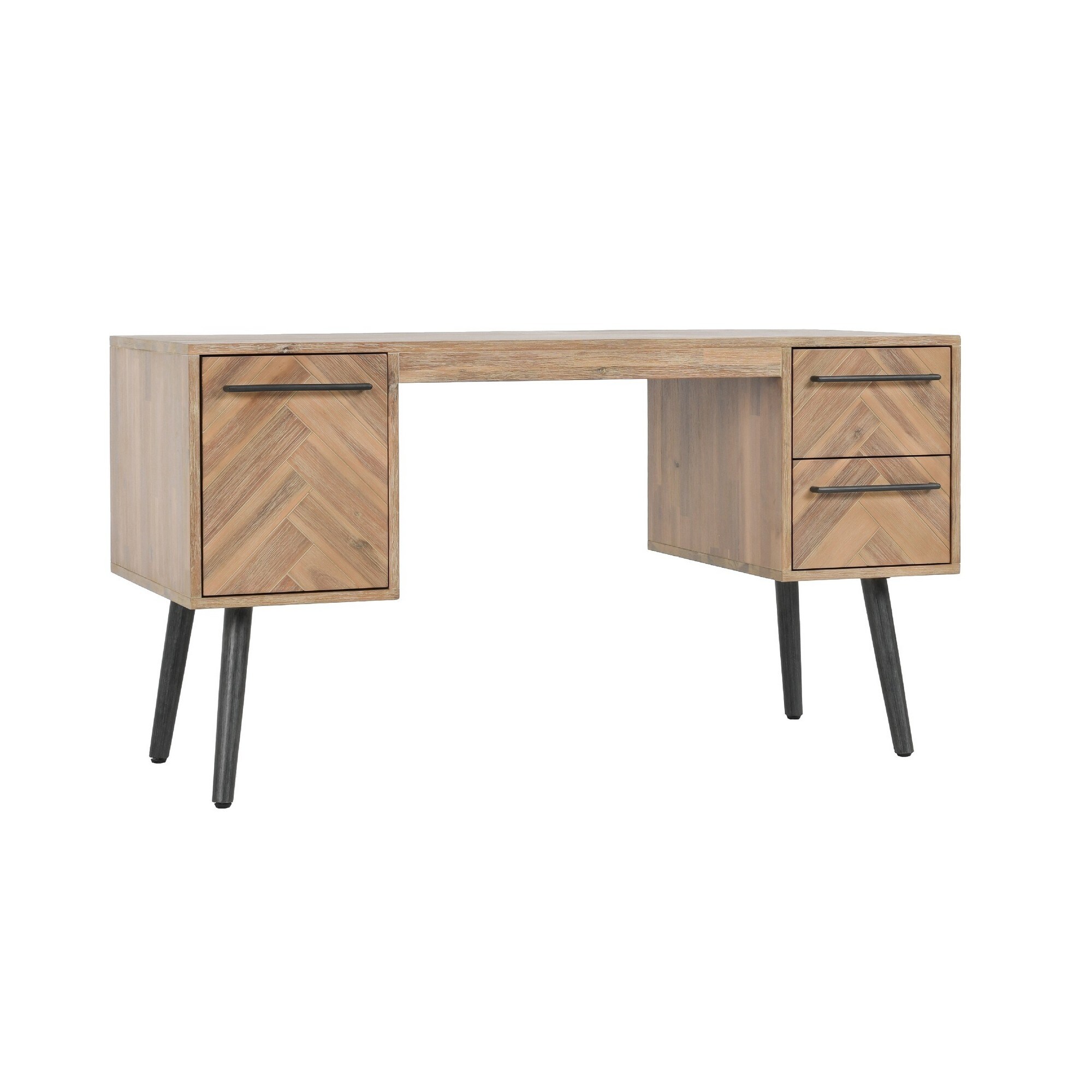 55 Inch Solid Oak Wood Desk Office Table, 3 Drawers, Herringbone, Brown ...