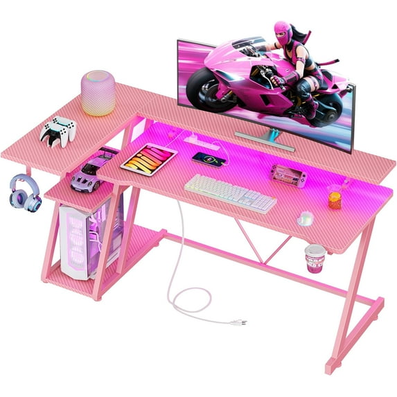 55 Inch White Gaming Desk with Power Outlet & LED Lights, L Shaped ...
