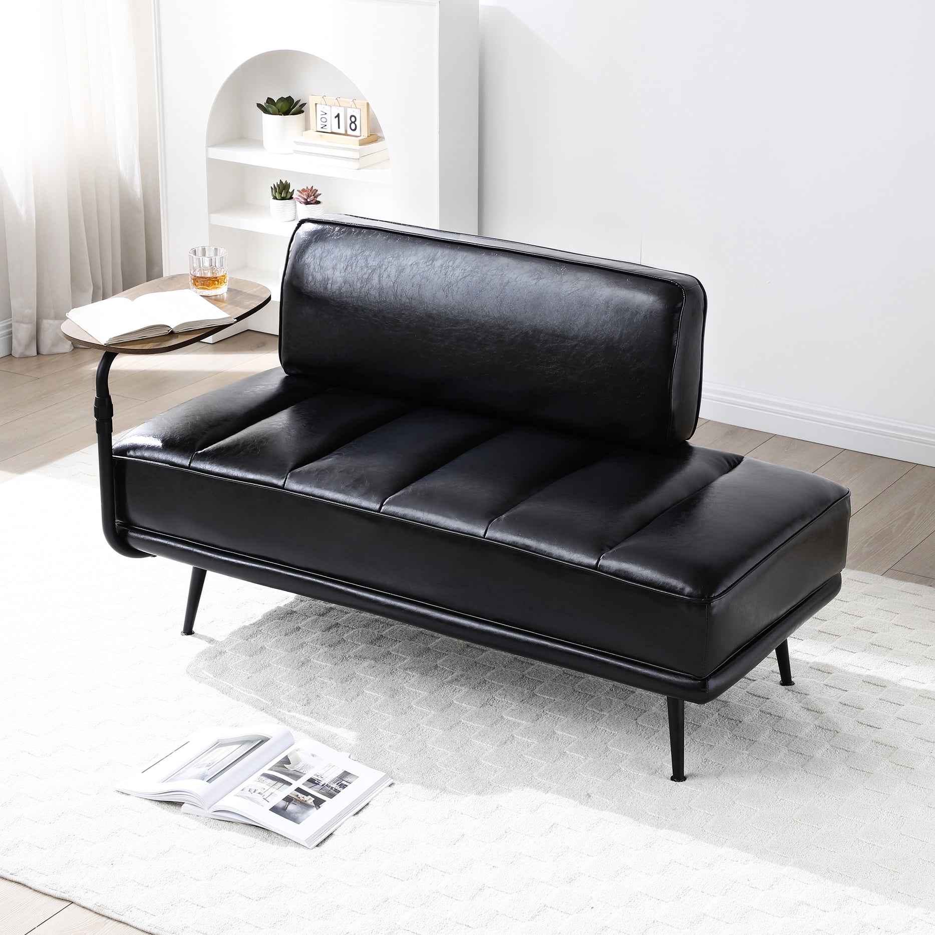 55" Inch Width Modern Hallway Bench With Black Faux Leather And Metal ...