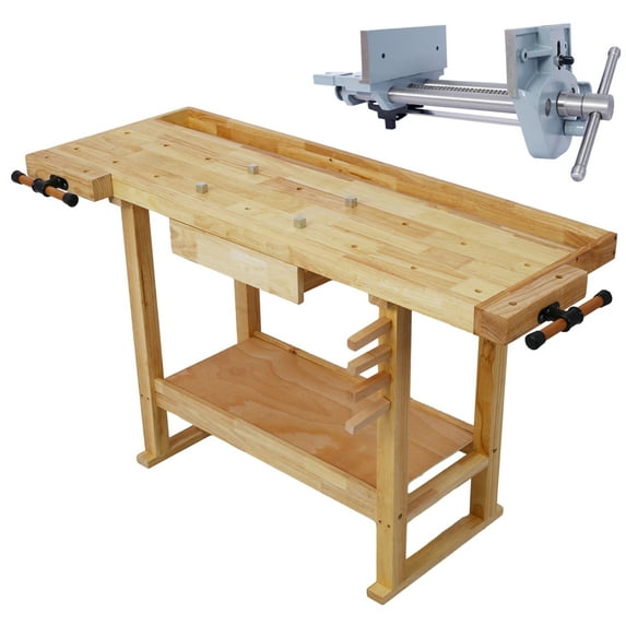 55-Inch Wood Workbench with 7-Inch Cast Iron Vise, Heavy-Duty Garage ...