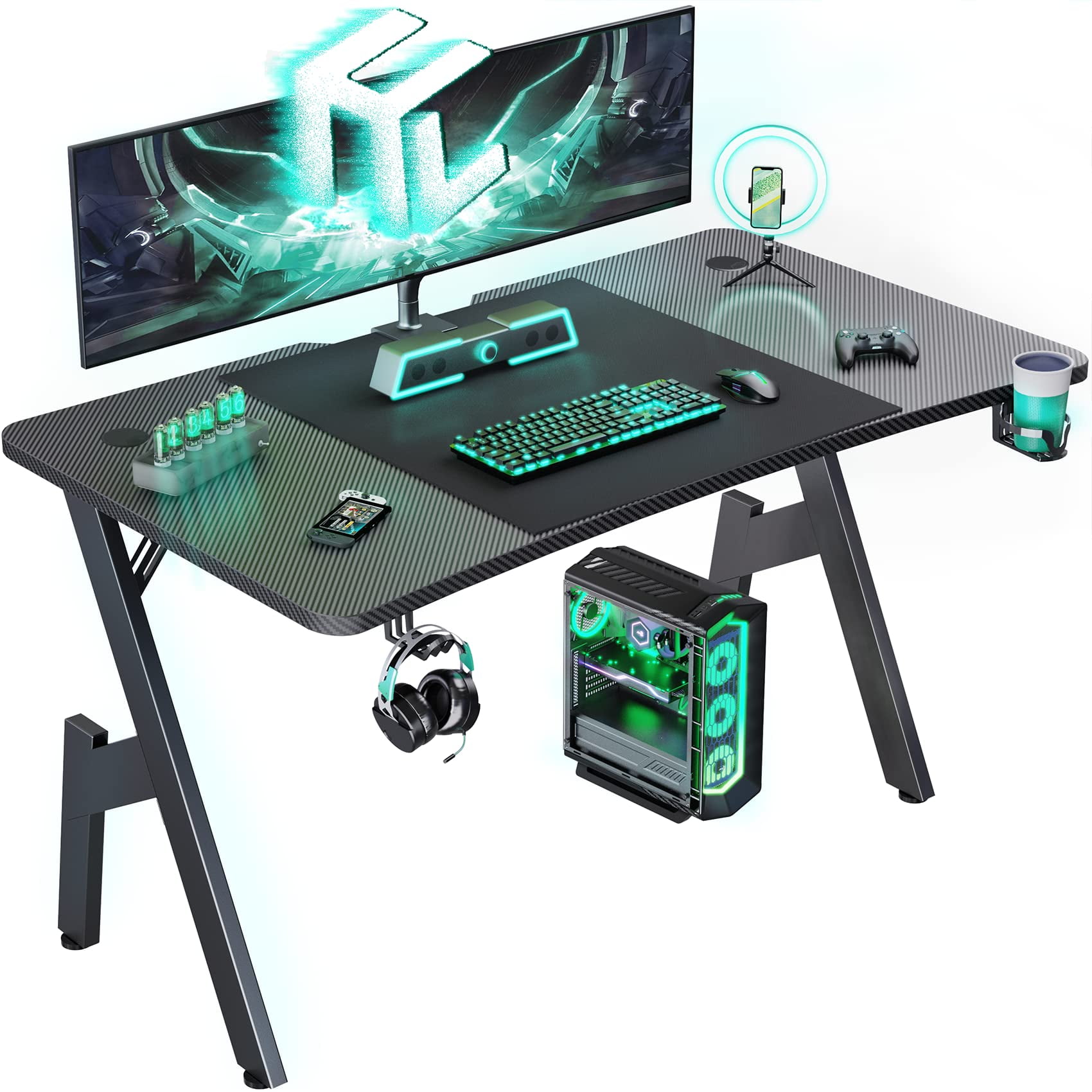 55 Inch XL Gaming Desk with Carbon Fiber Texture Sturdy Frame Computer ...