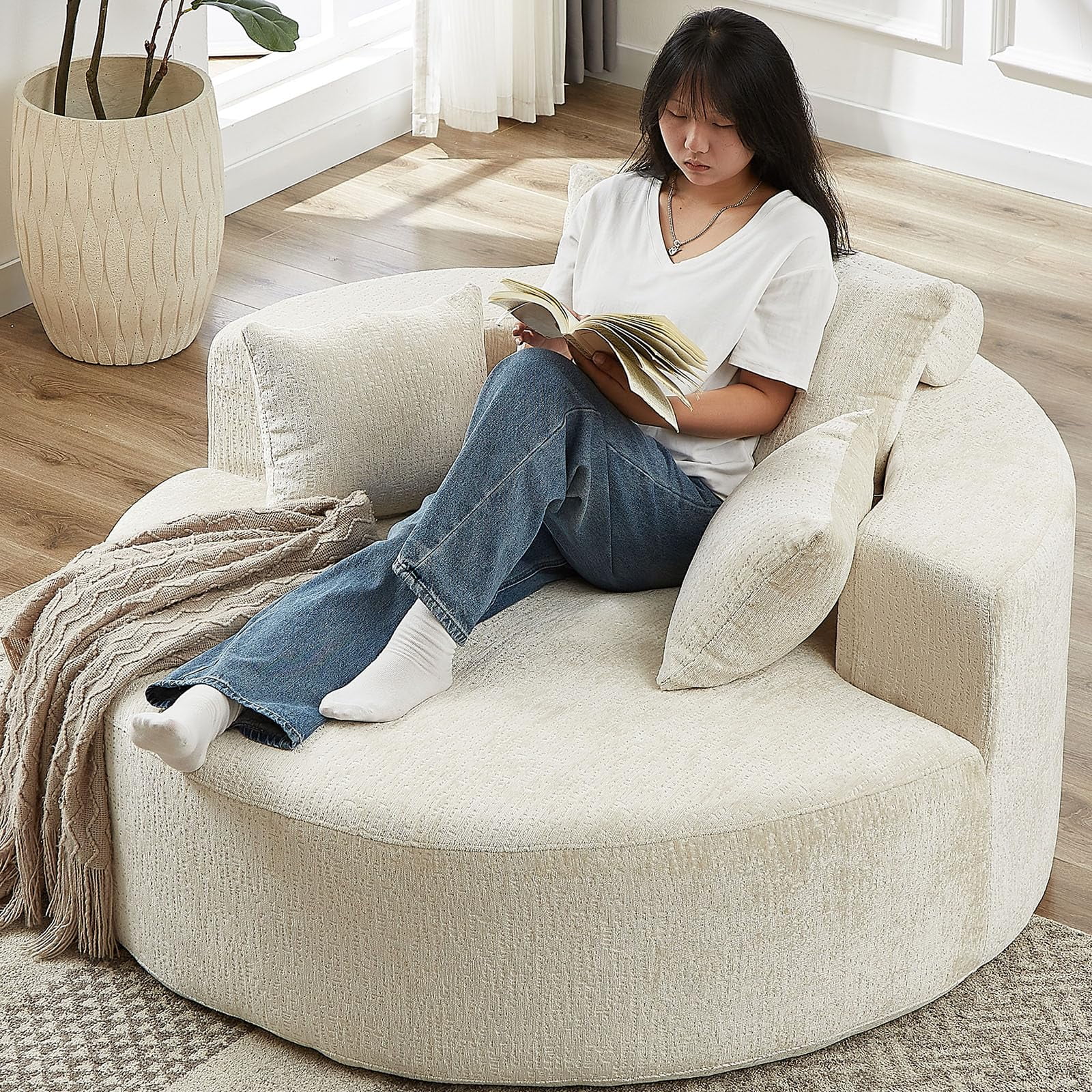 55''L Chenille Sponge Single Sofa,Oversized Round Chair,Fluffy Modern ...