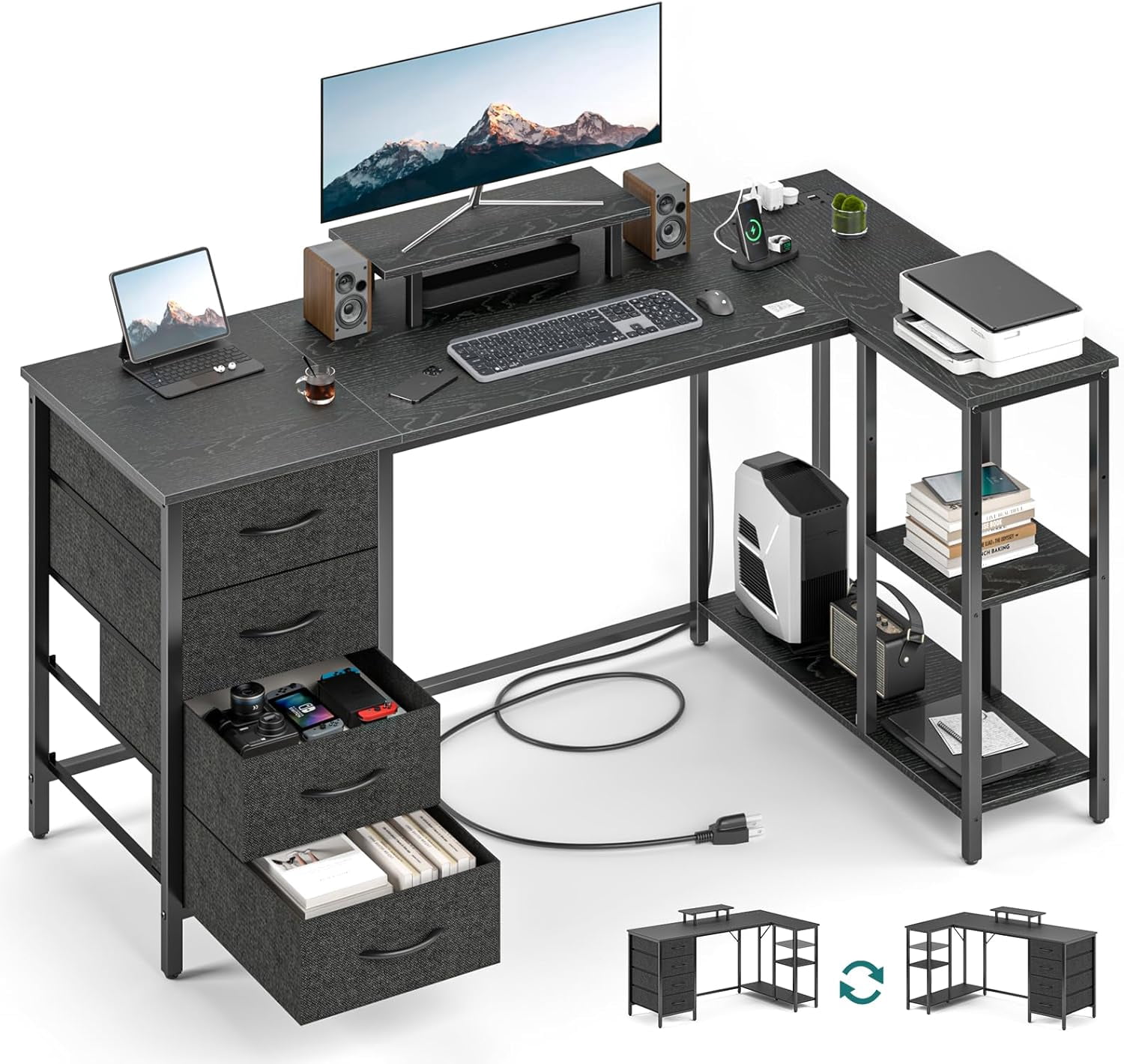 55" L Shaped Computer Desk with 4 Drawers and Power Outlet, Corner Desk ...