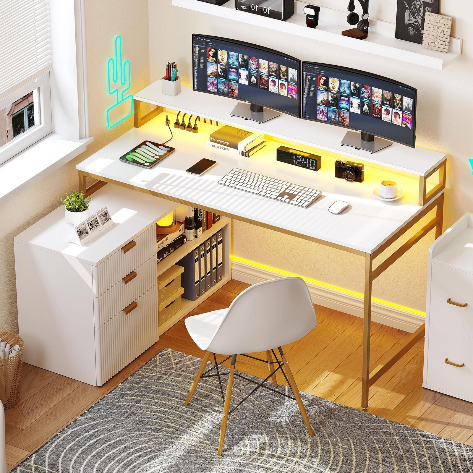 55" LED L Shaped Desk with File Drawer & Power Outlets Home Office ...