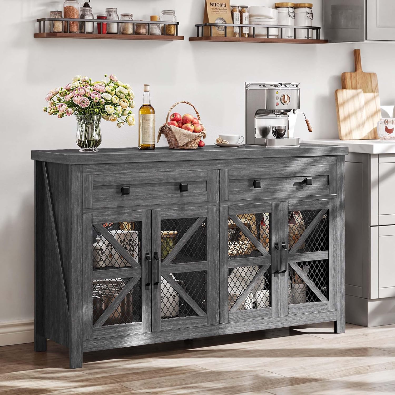 55'' Large Buffet Cabinet with Storage, Farmhouse Cabinet with 4 Mesh ...