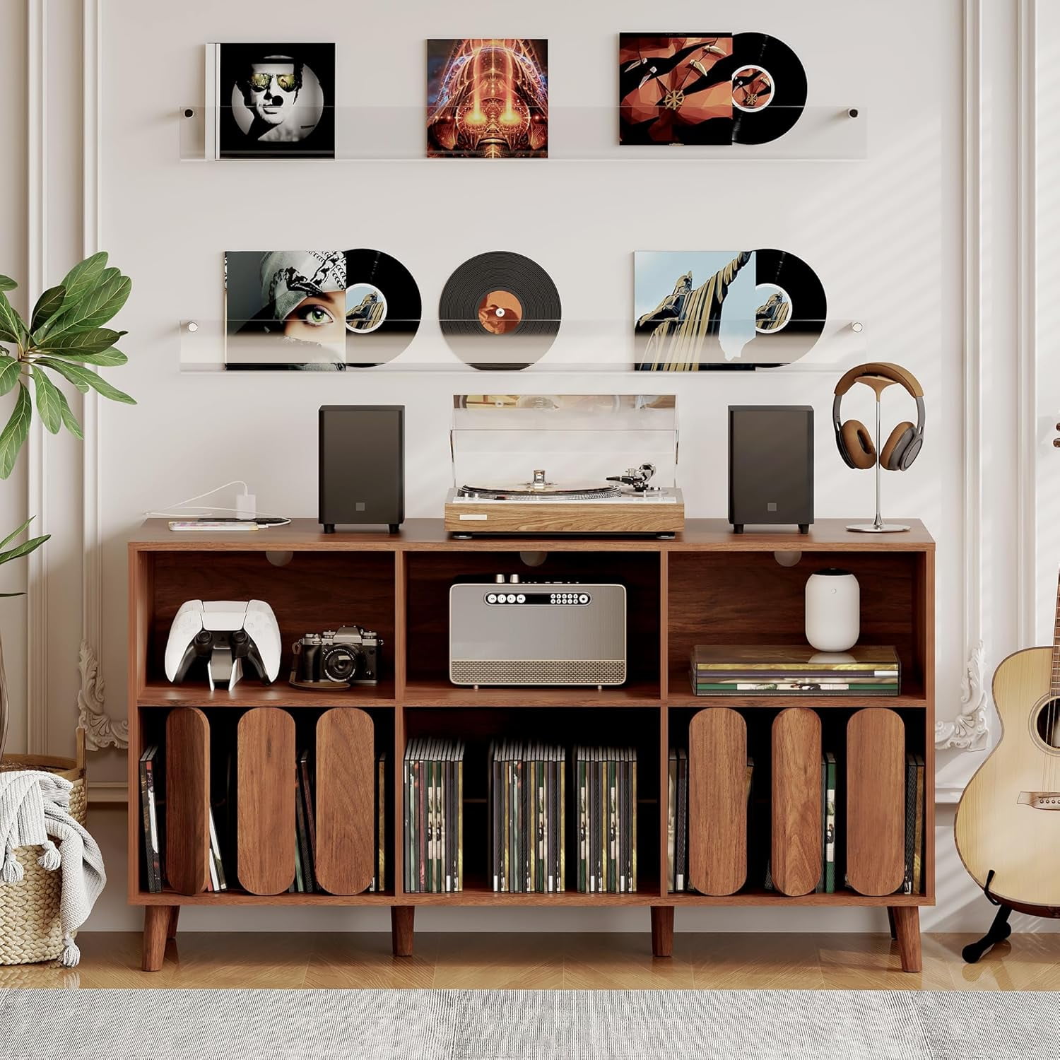 55" Large Record Player Stand | Mid-Century Modern Wood Media Console ...