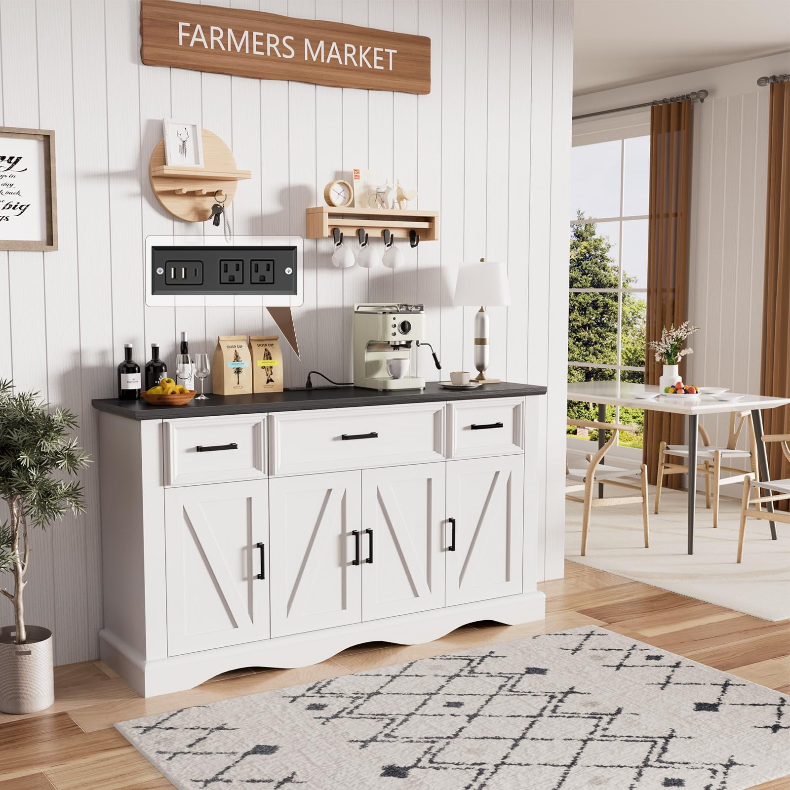 55" Large Wooden Buffet Cabinet with Storage, Modern Coffee Bar and ...