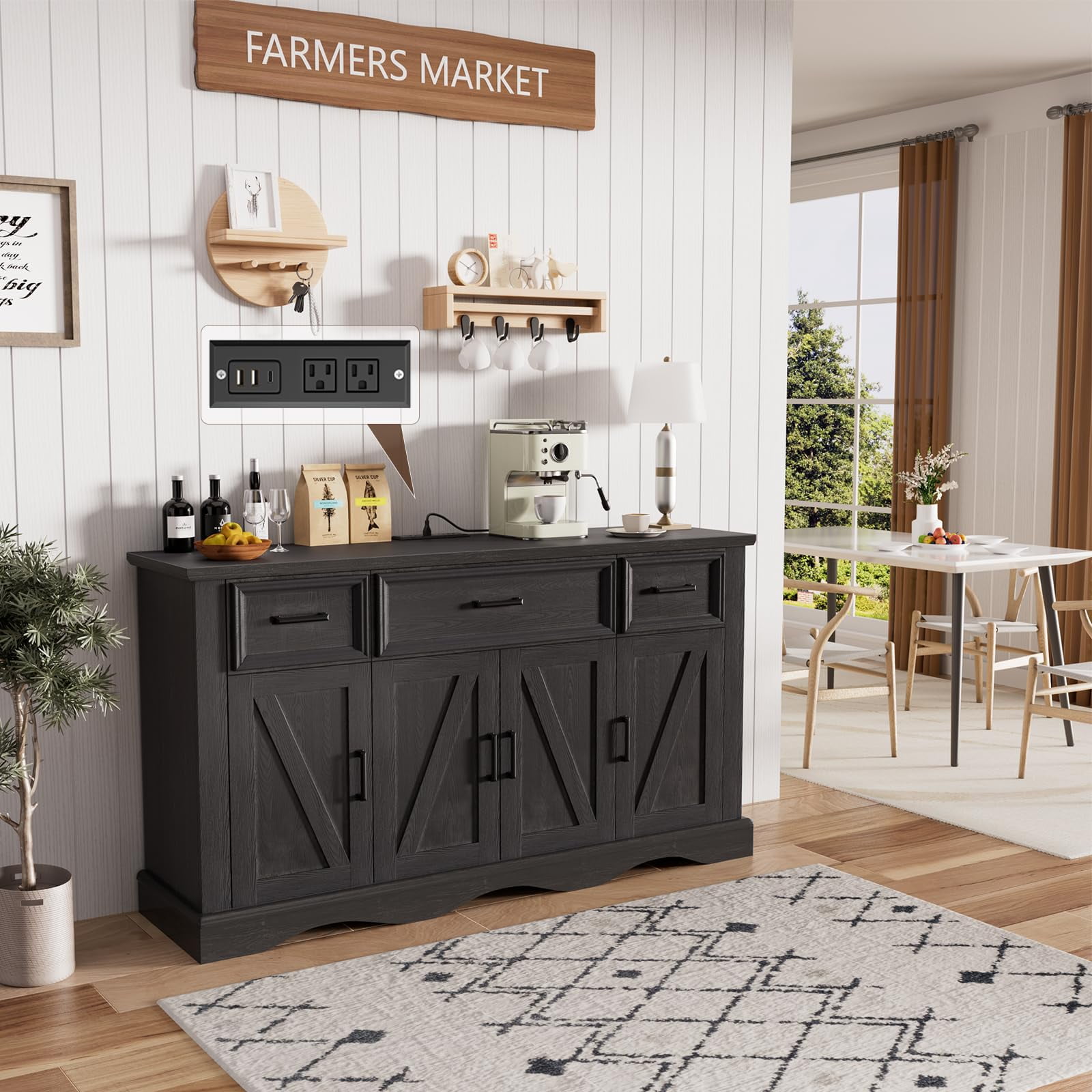 55" Large Wooden Buffet Cabinet with Storage, Modern Coffee Bar and ...