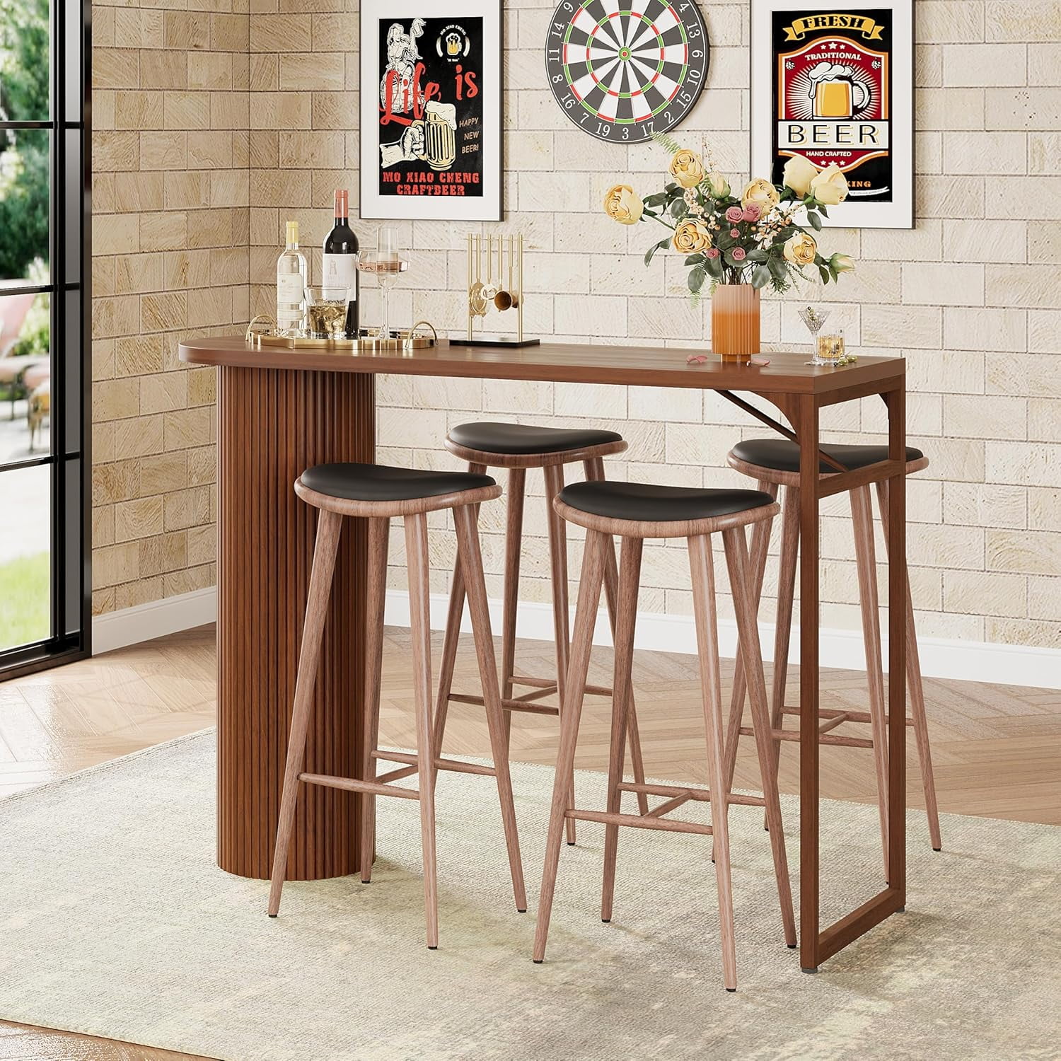 55" Long Bar Table, Fluted Wood Counter Height Pub Table, High Top ...