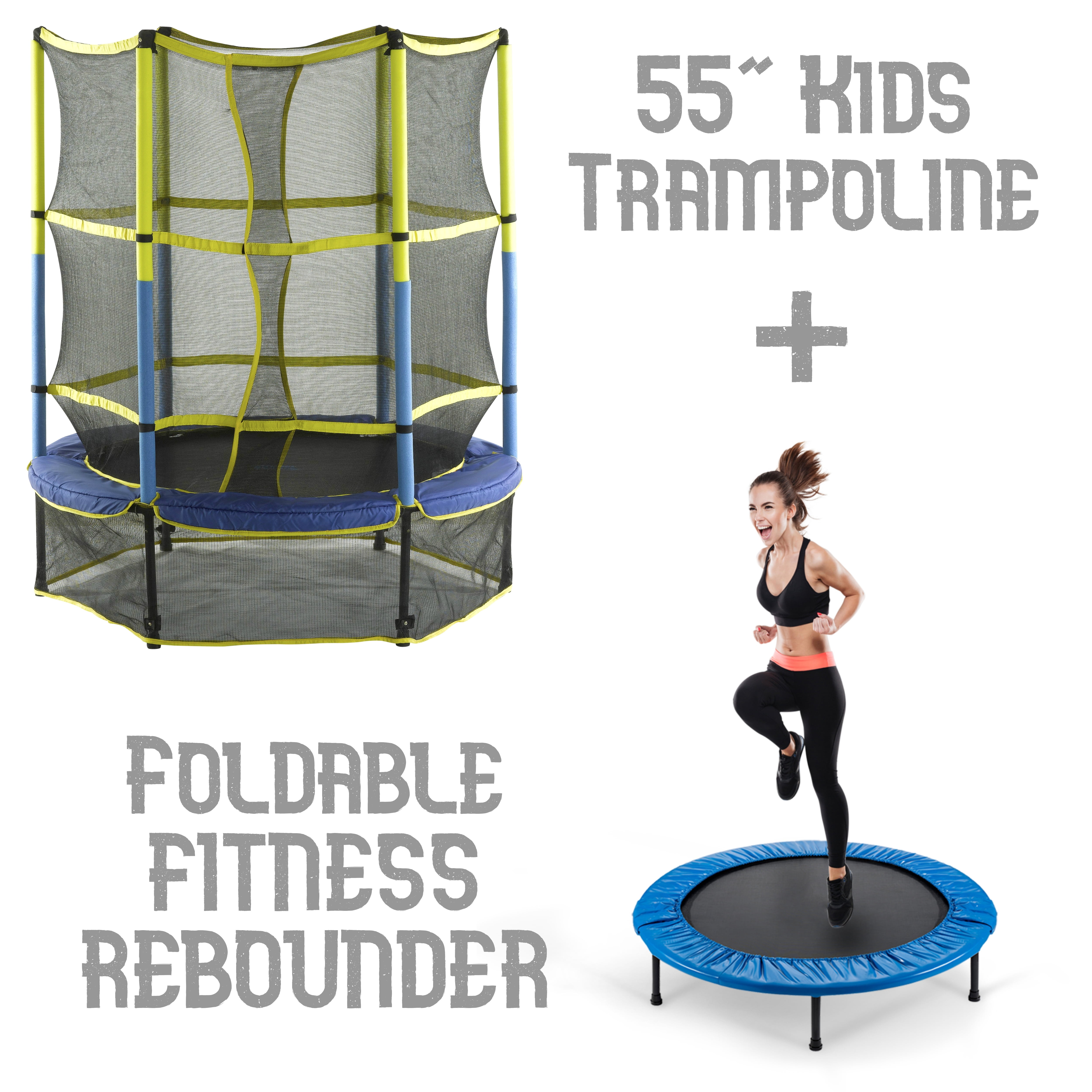 55" Mini Kids Trampoline + 44" Round Foldable Fitness Rebounder (Blue ...