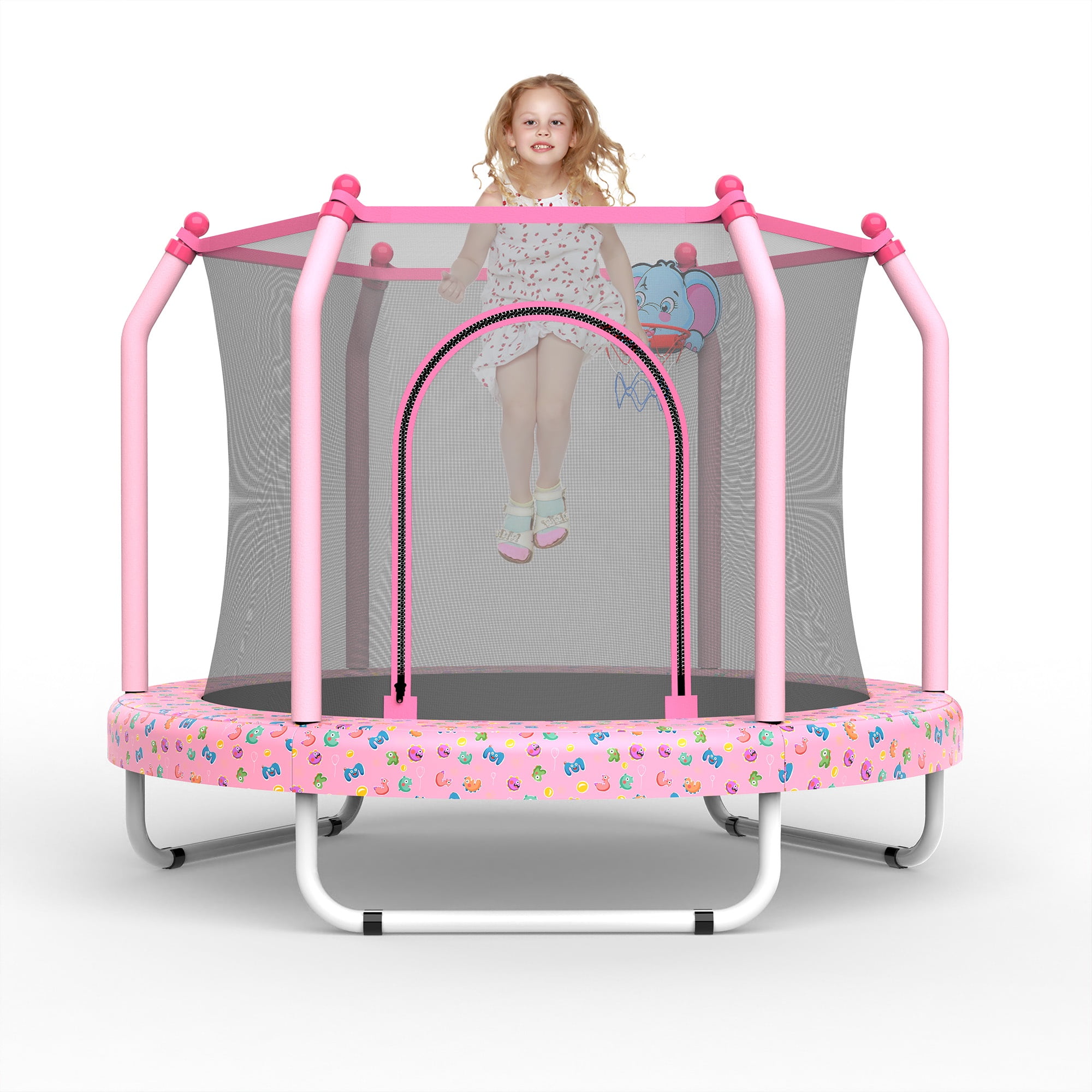 55'' Mini Trampoline for Kids with Enclosure Net & Basketball Hoop ...