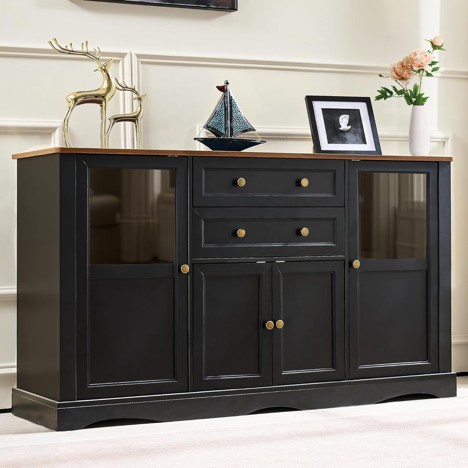 55" Modern Buffet Cabinet with Window & Wave Base, 4-Door 2-Drawer ...