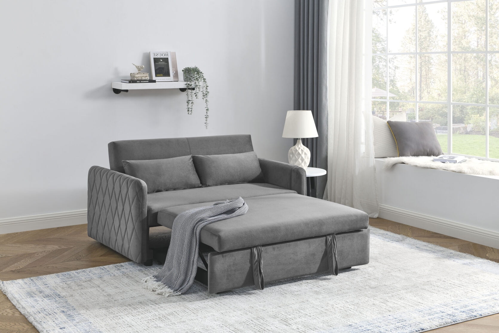 55" Modern Convertible Sofa Bed with 2 Detachable Arm Pockets, Velvet ...