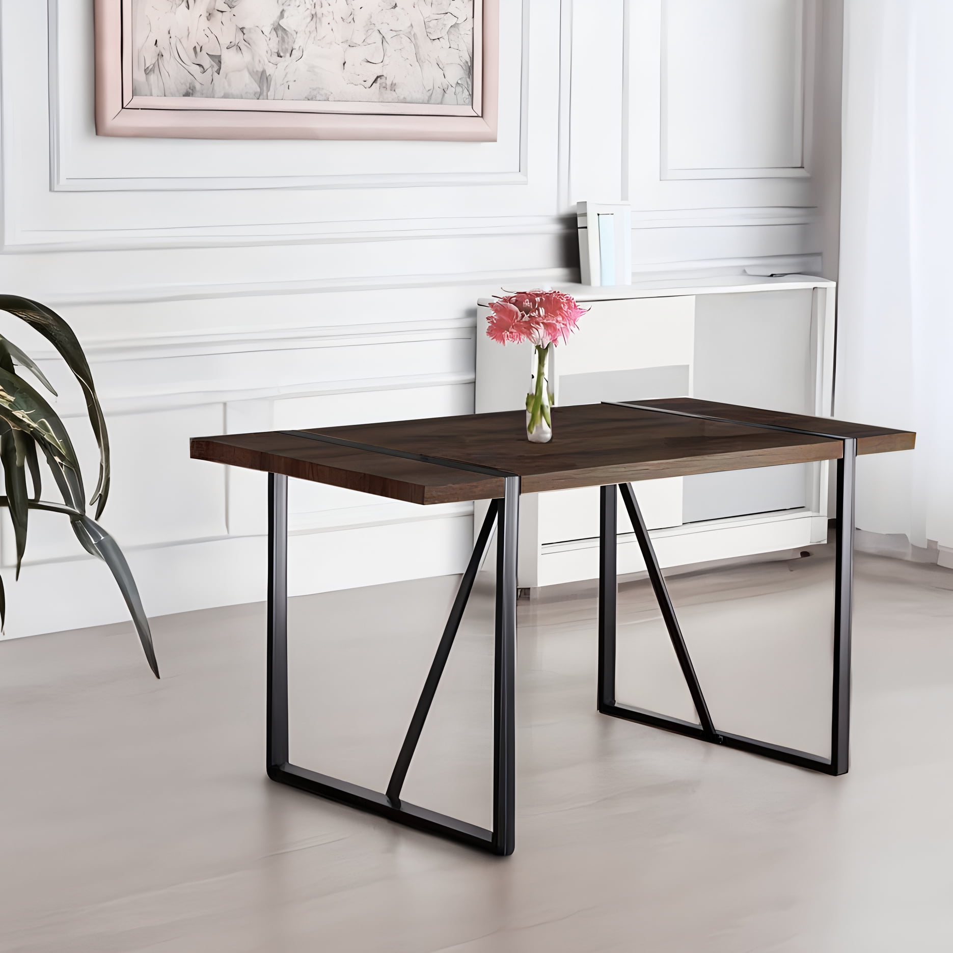 55" Modern Dining Table, Walnut Color Tabletop, Black Metal Legs, 1.5 ...