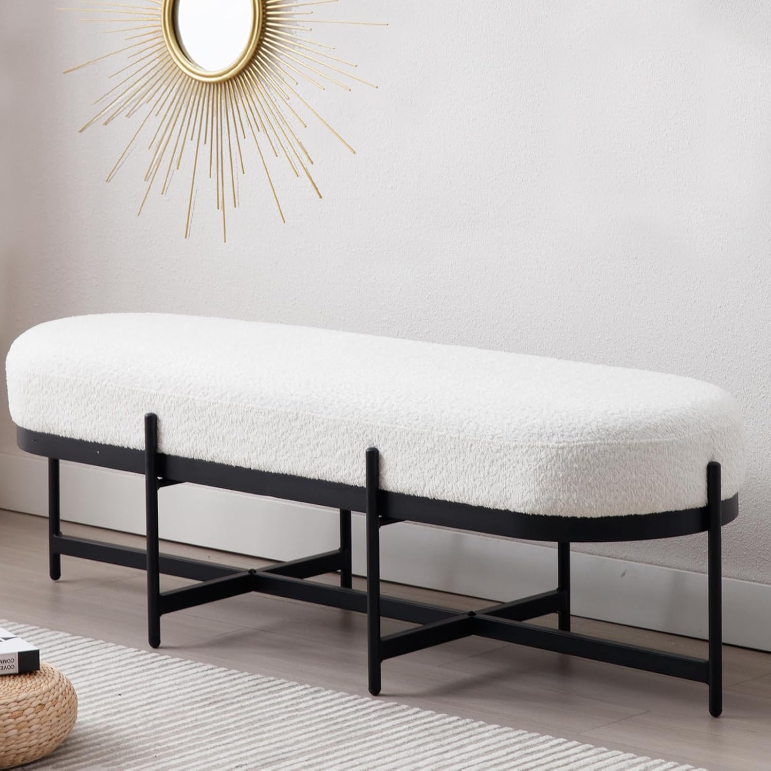55" Modern End of Bed Bench, Sherpa Upholstered Entryway Bench with ...