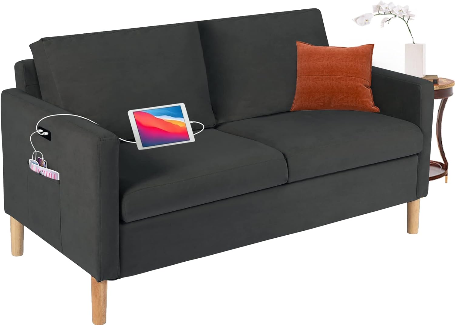 55" Modern Fabric Loveseat Sofa with 2 USB Charging Ports, Love Seats ...