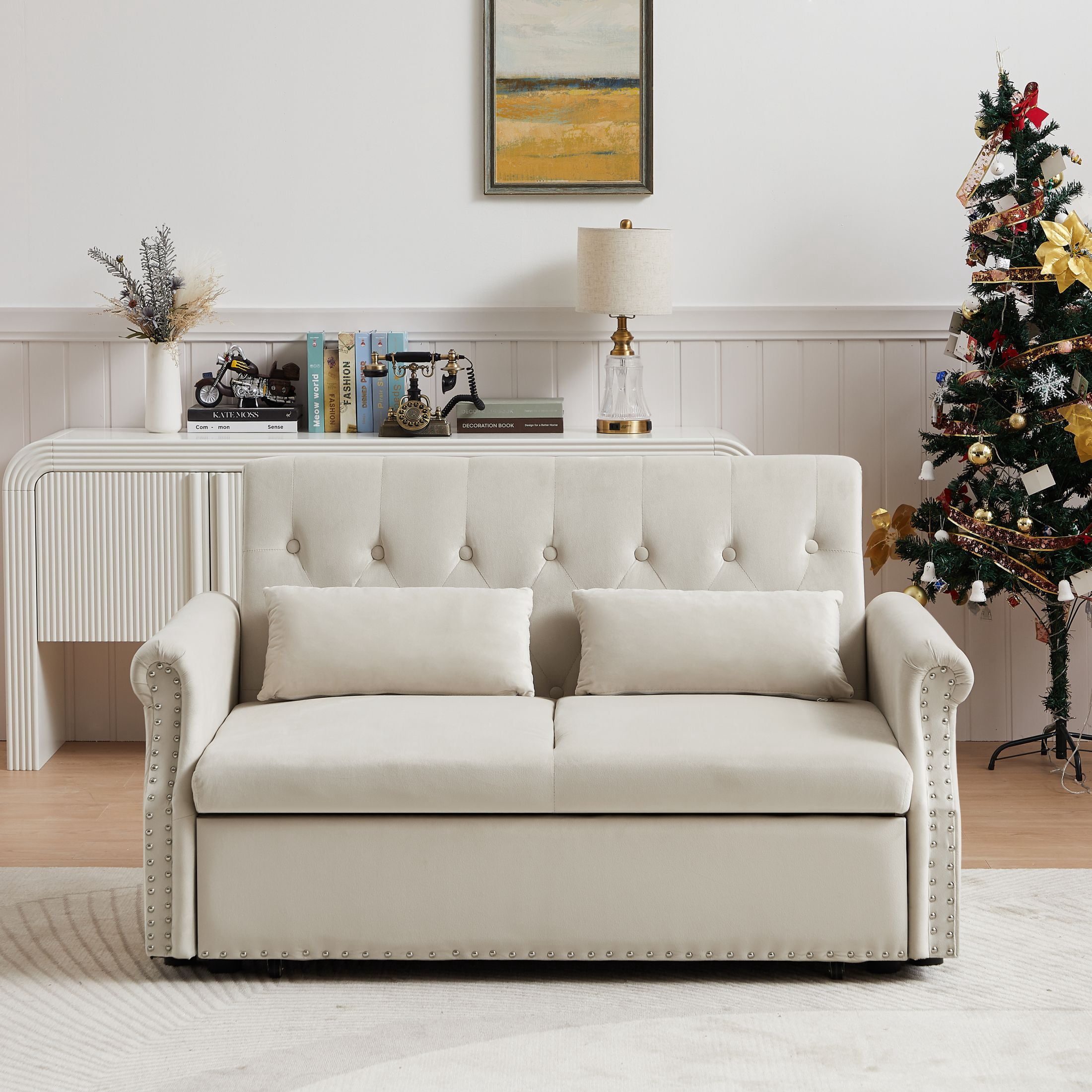 55'' Modern Shiny Velvet Convertible Loveseat Sleeper Sofa Couch W/ 2 ...