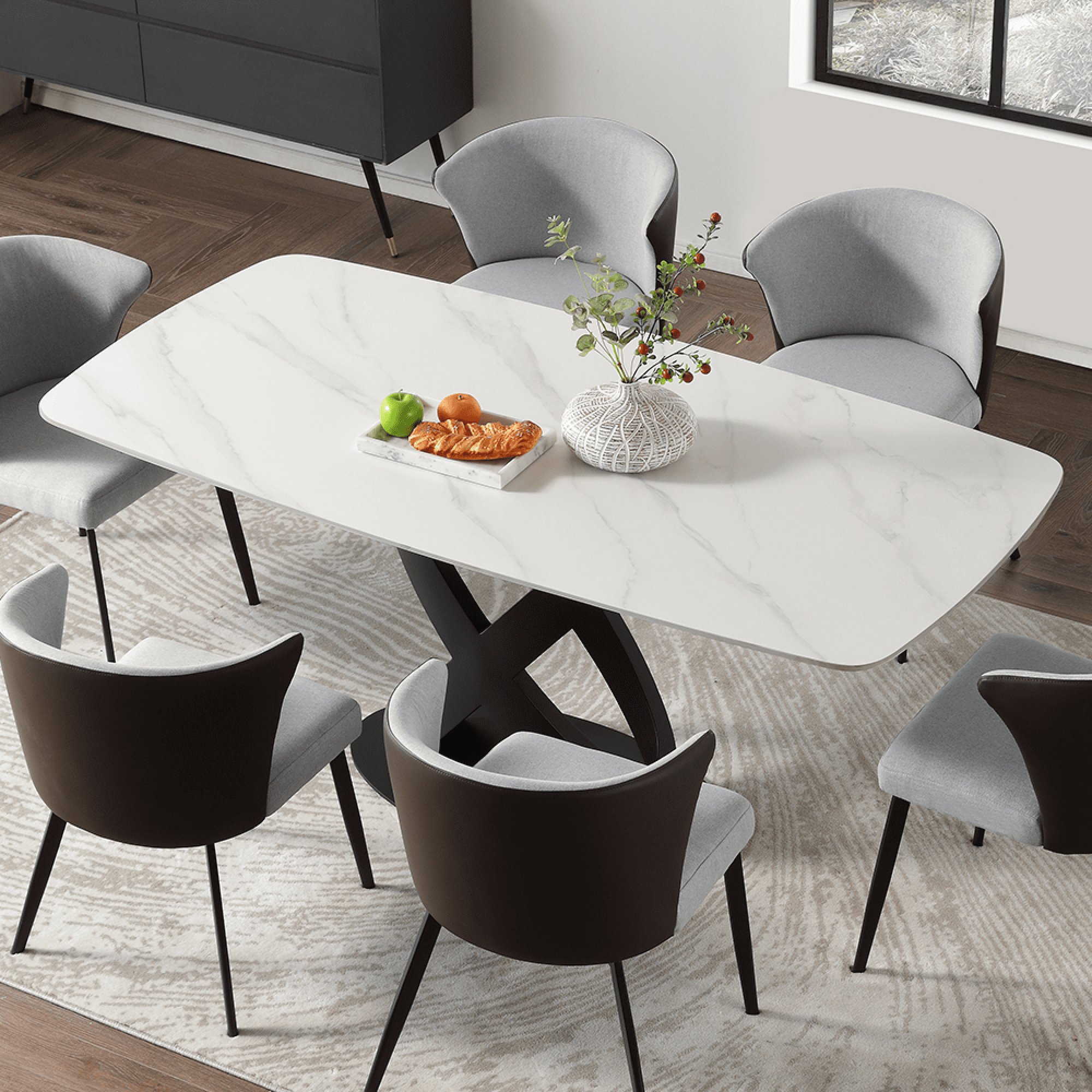 55"Modern White Dining Table for 4, Sintered Stone Tabletop Kitchen Table, Solid Black Carbon ...