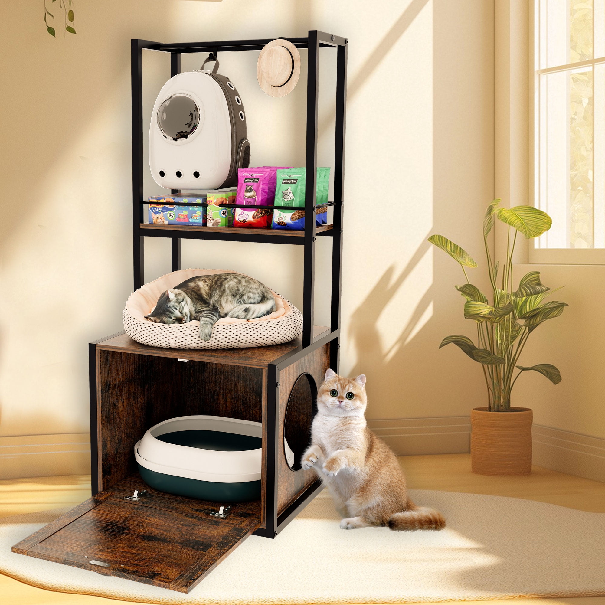 55" Multi-Functional Cat Furniture with Hidden Litter Box, 2 Drying ...