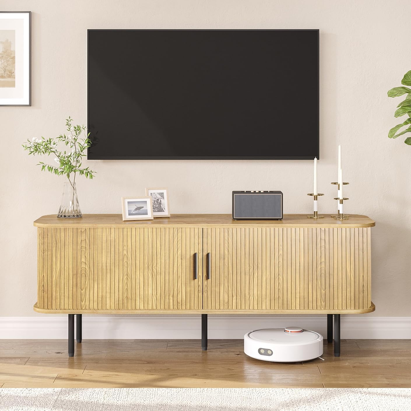 55" Natural Fluted TV Stand for TVs up to 65 Inch, Gaming Entertainment ...