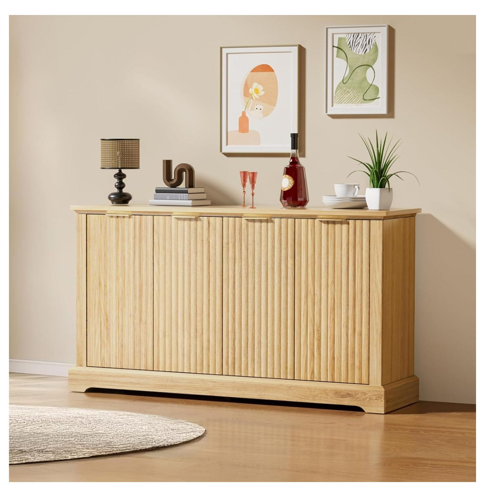 55" Oak Fluted Sideboard Buffet Cabinet with Storage, Large Buffet ...