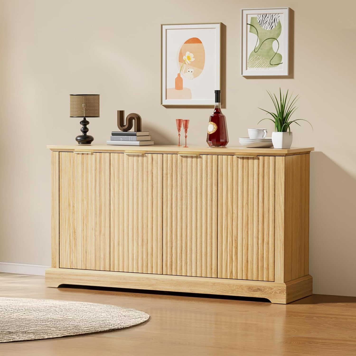 55" Oak Fluted Sideboard Buffet Cabinet with Storage, Large Buffet Cabinet with 4 Doors, Wood ...