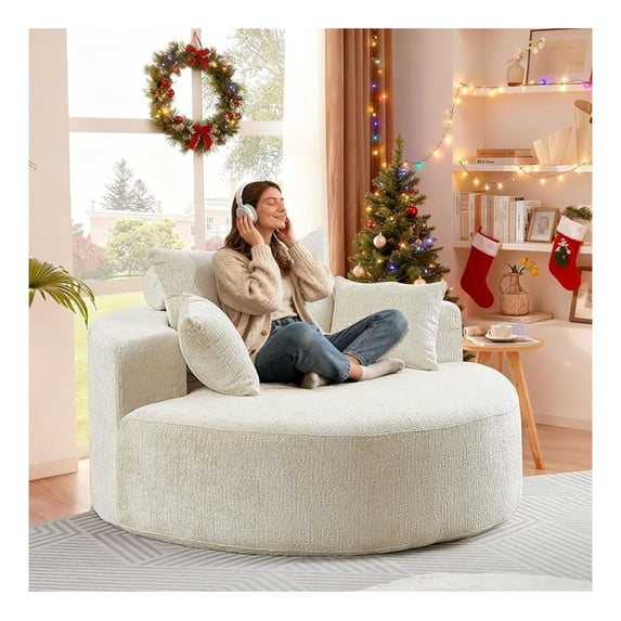 55" Oversized Round Chaise Longue Chair Indoor, Upholstered Chenille ...