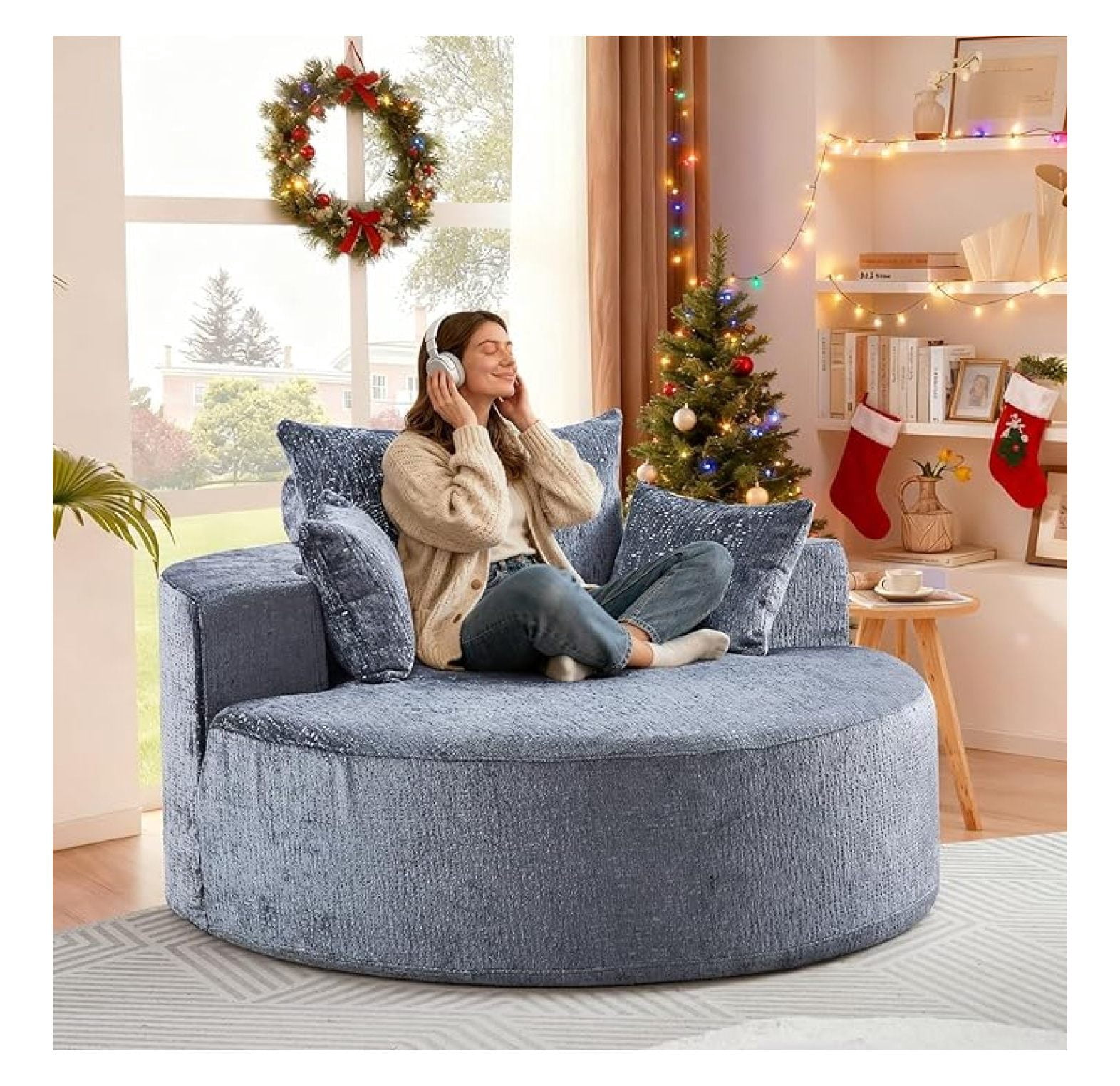 55" Oversized Round Chaise Longue Chair Indoor, Upholstered Chenille ...