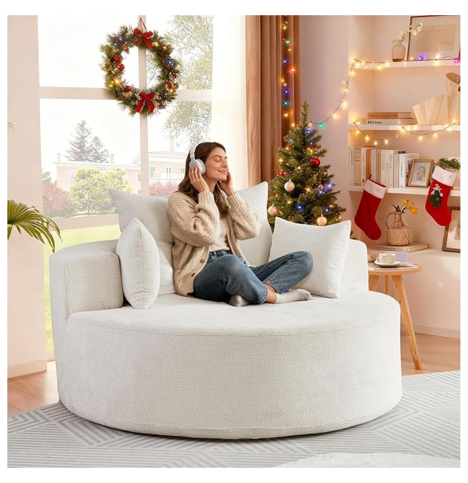 55'' Oversized Round Chaise Longue Chair, Upholstered Chenille Single ...