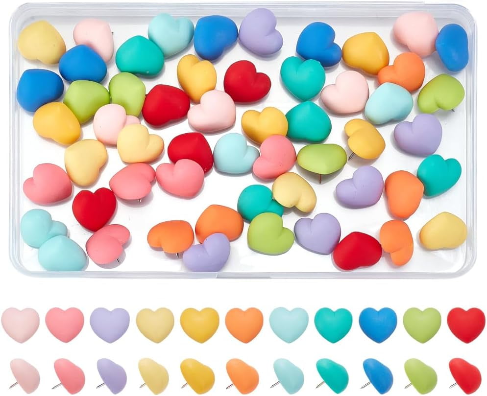 55 Pcs Colorful Matte Heart Push Pins 11 Colors 0.81 Inch Cute Thumb ...