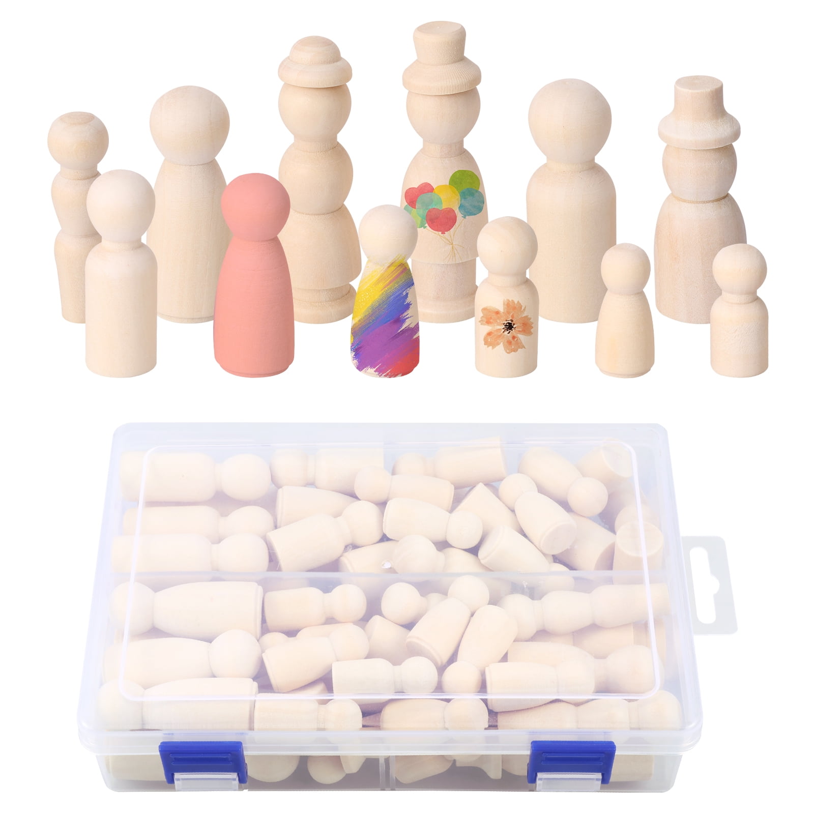 55 Pcs Peg Dolls Paintable Unfinished Peg Dolls with Clear Plastic Box ...